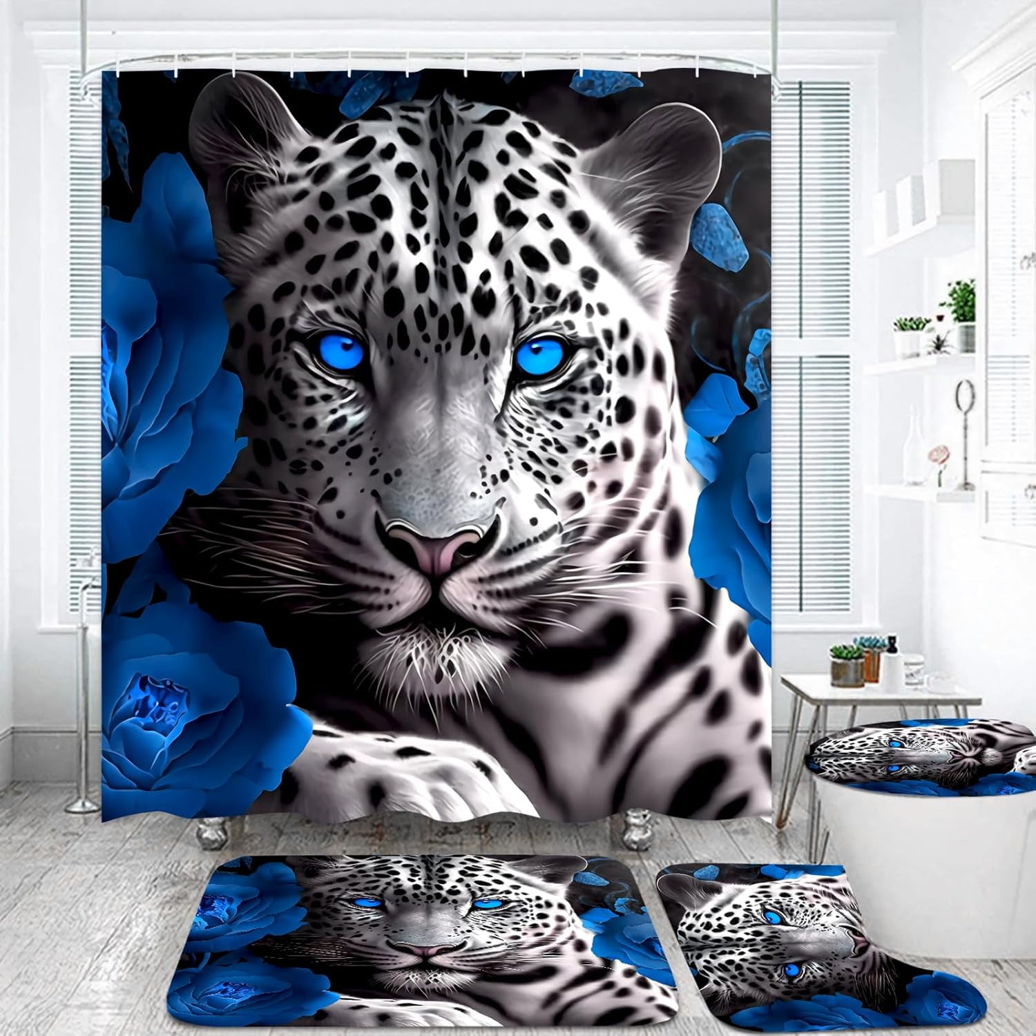 4PCS Leopard and Blue Rose Shower Curtain Sets,Rose Bathroom Decor Sets ...