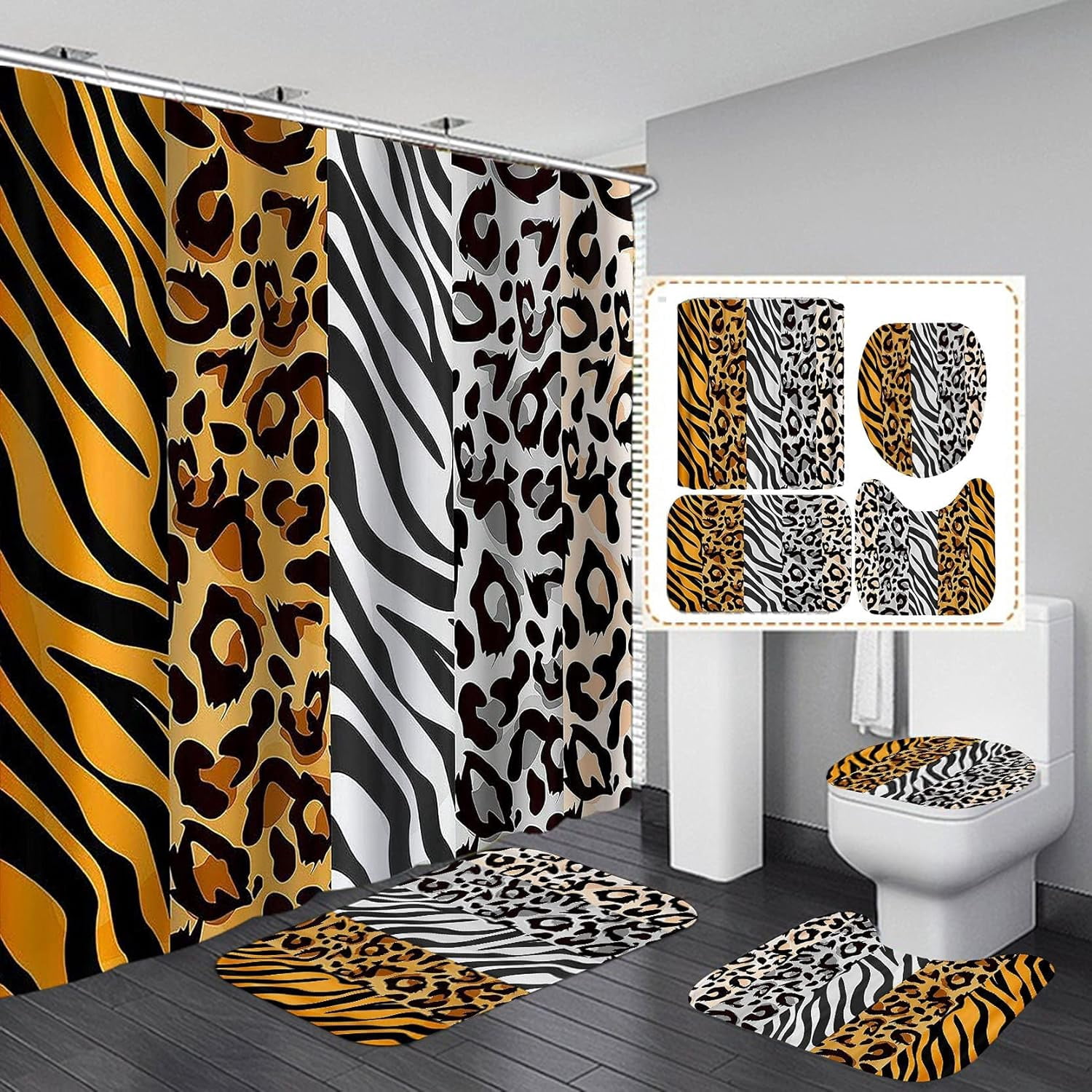 4PCS Leopard Splice Zebra Print Shower Curtain Set with Rugs, Toilet ...