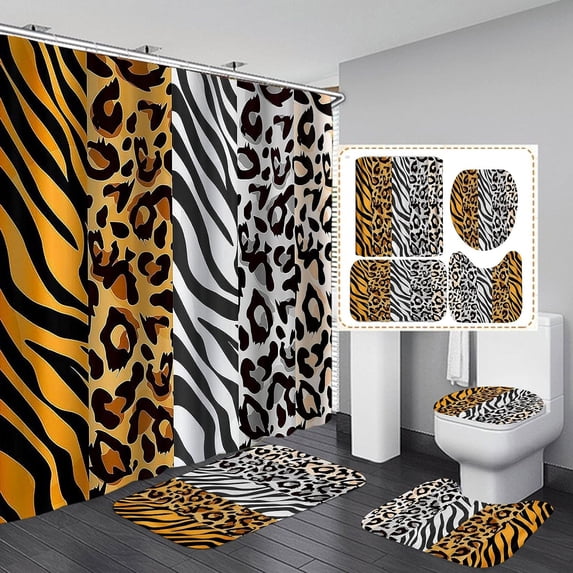 4PCS Leopard Splice Zebra Print Shower Curtain Set with Rugs, Toilet ...