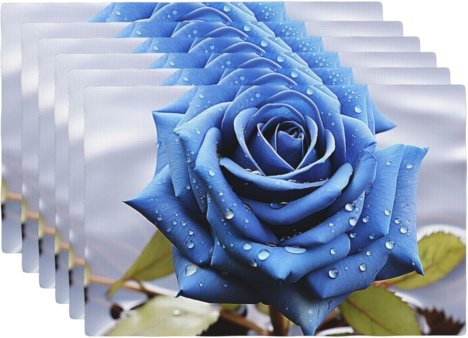 4PCS Linen Placemats Set Romantic Blue Rose Place Mats for Dining Table ...