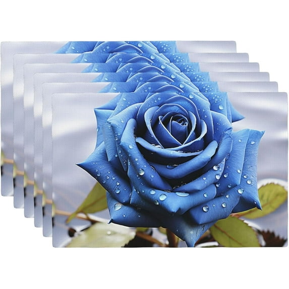 4PCS Linen Placemats Set Romantic Blue Rose Place Mats for Dining Table ...