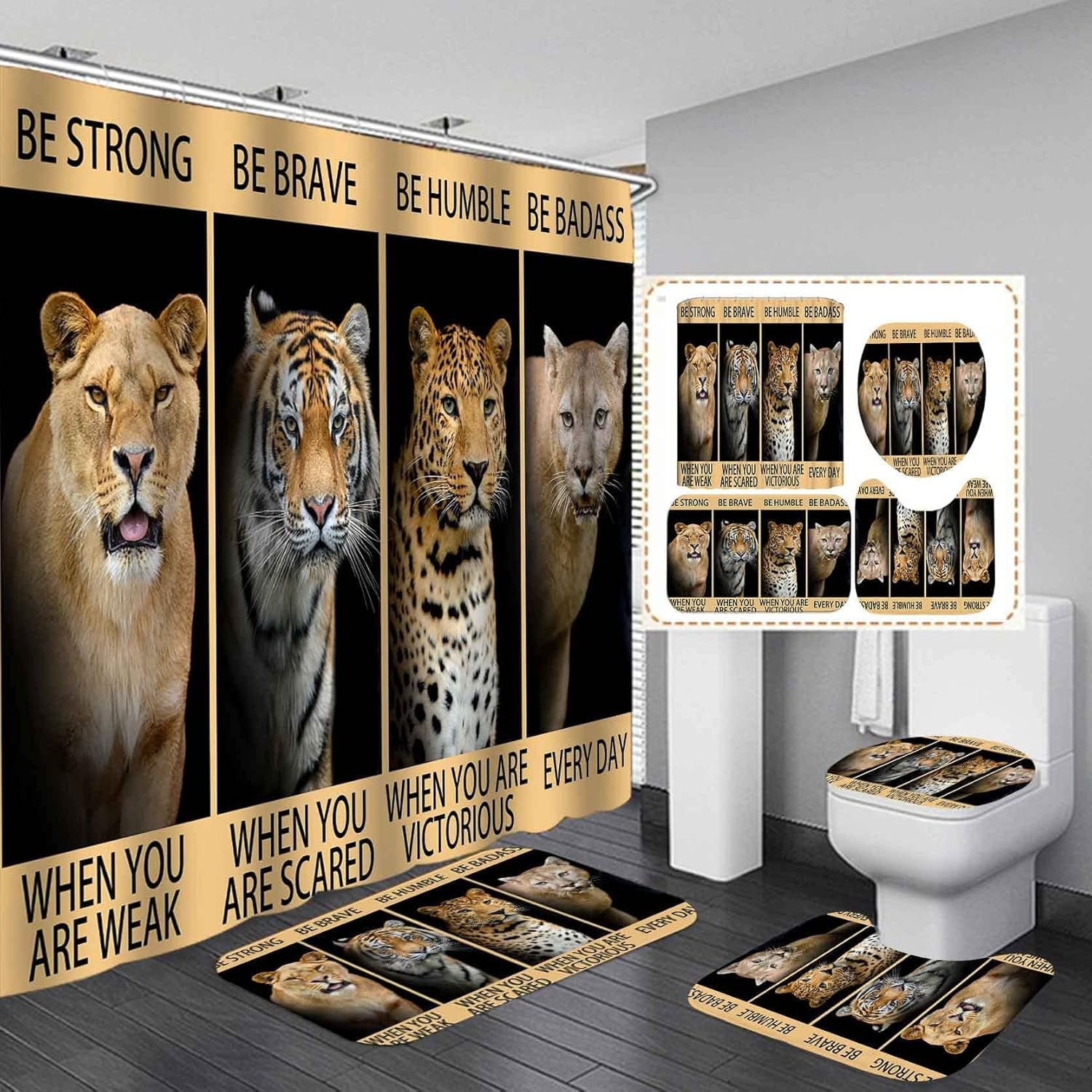 4PCS Lion Shower Curtain Set, Lion Couple Royal Blue Rose Floral ...