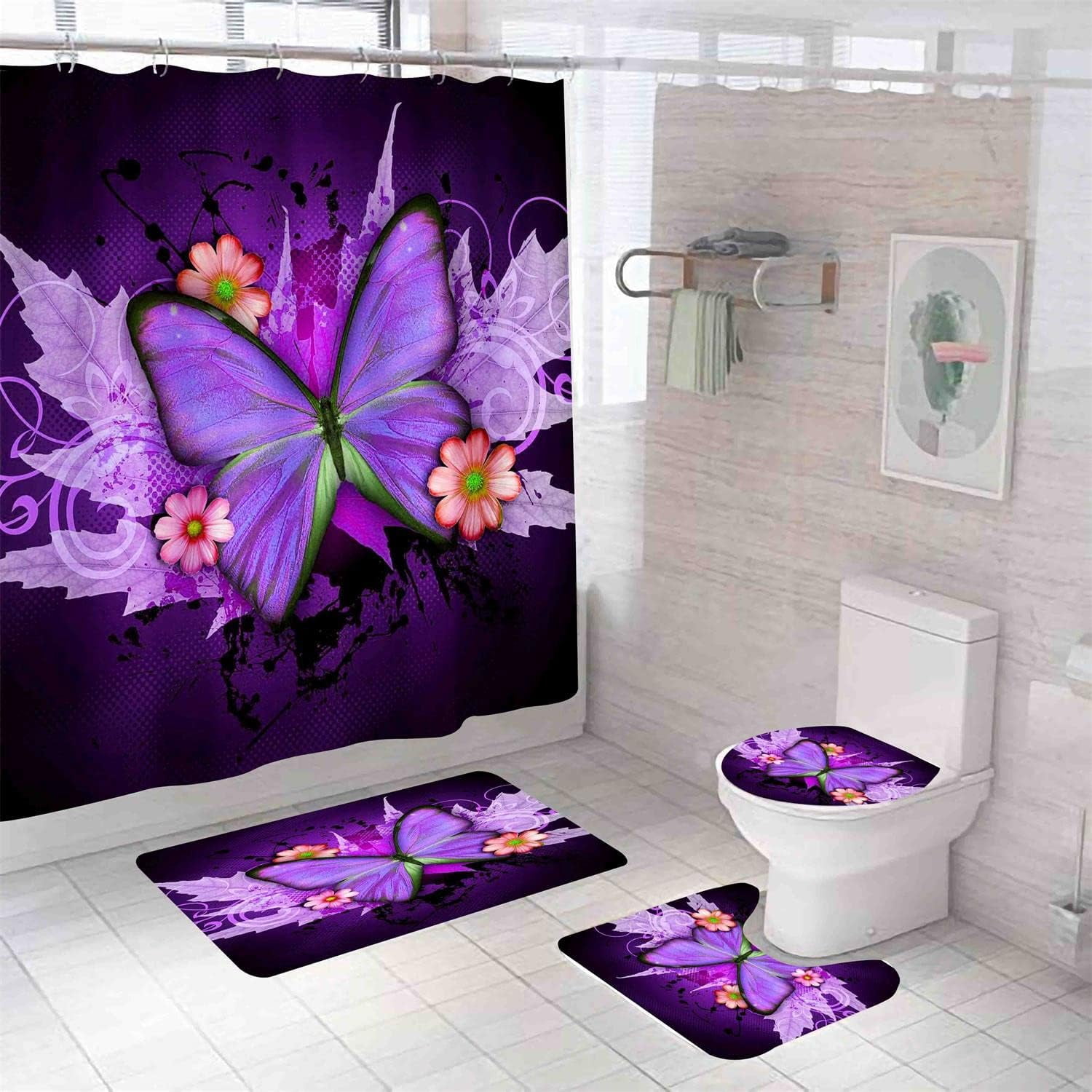 4PCS Low Key Charming Blue Rose Shower Curtain Sets,Valentine Romantic ...