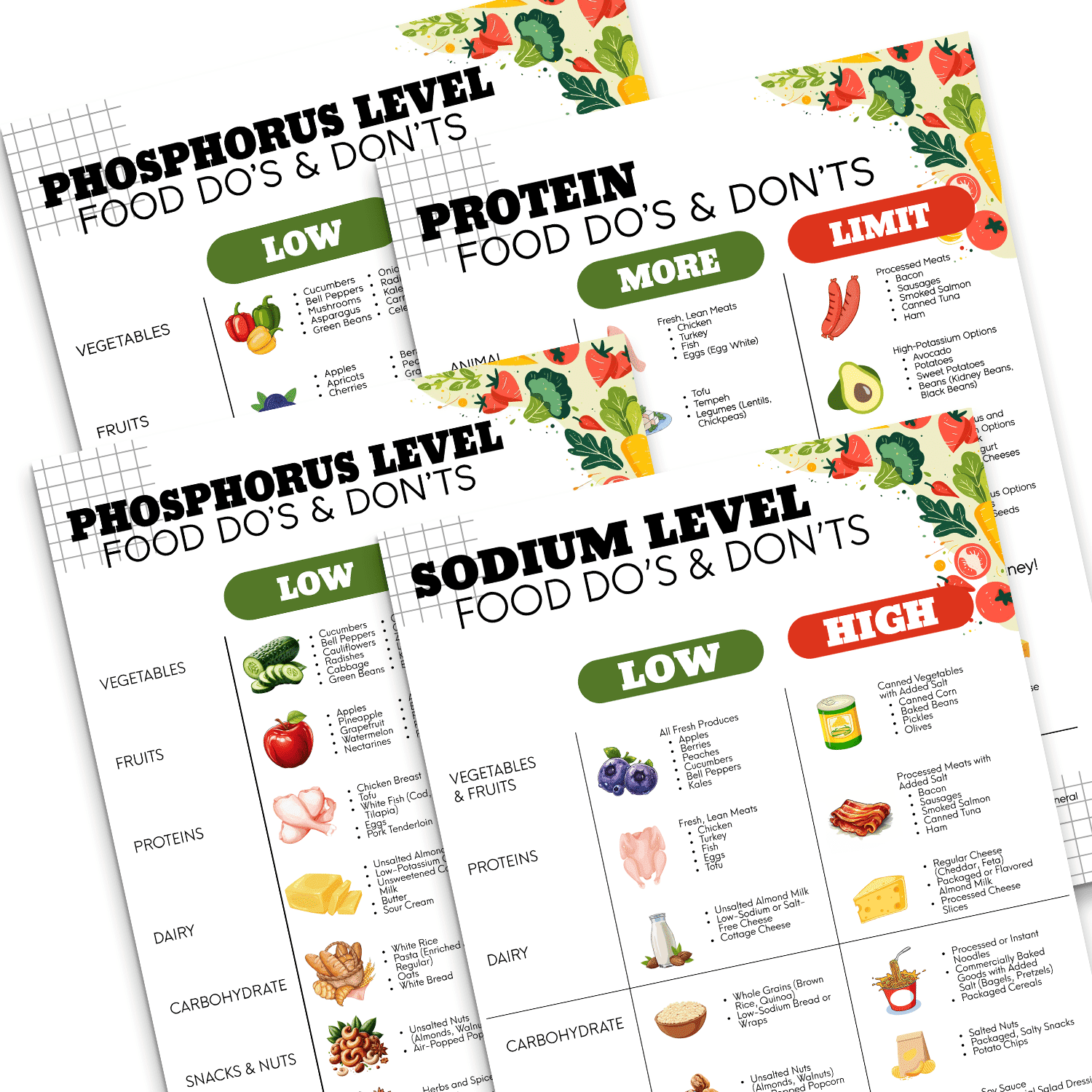 4PCS Low Potassium, Sodium, Phosphorus & Protein Food Guide Posters ...