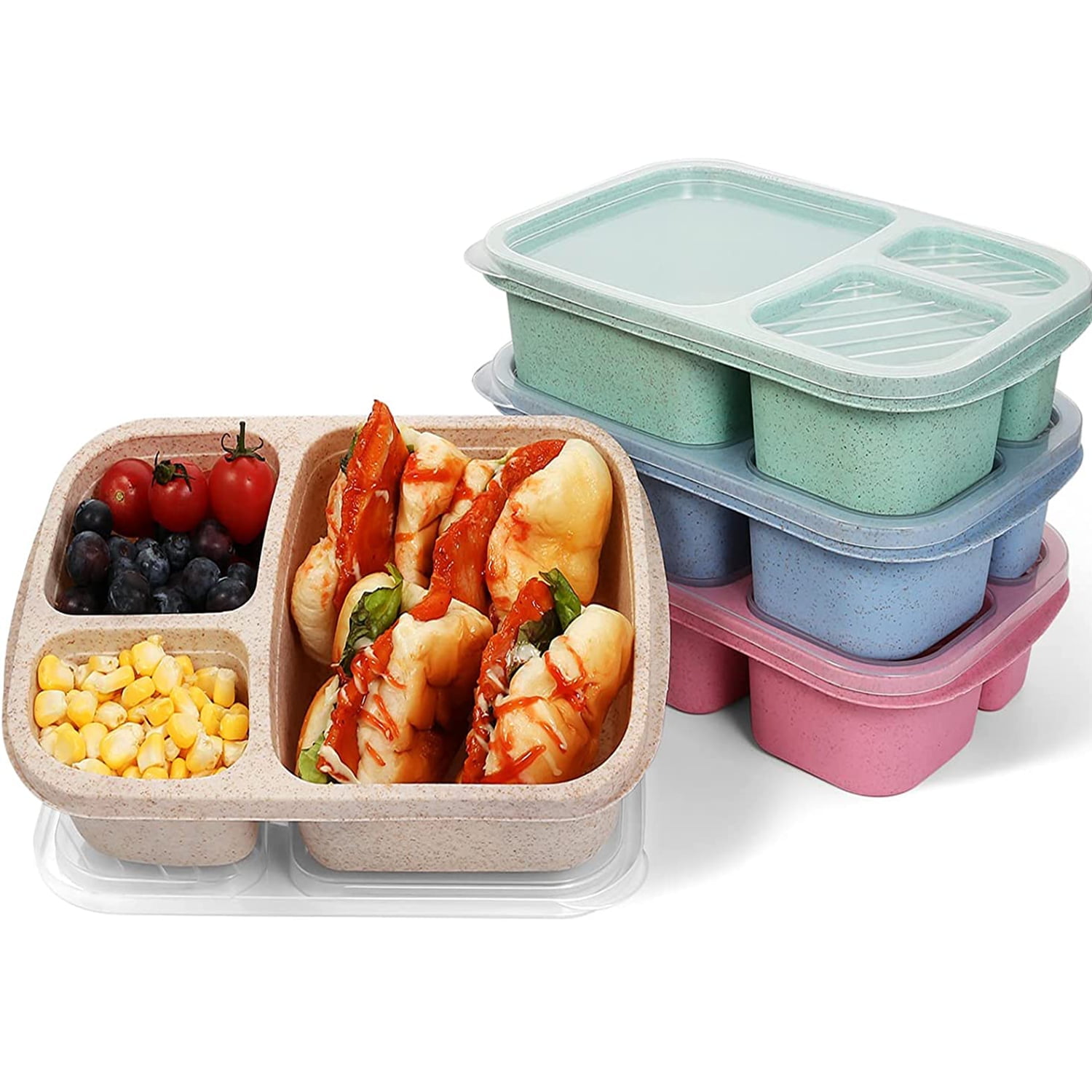 4PCS Lunch Box Set 3 Compartment Wheat Straw Meal Prep Food Storage ...