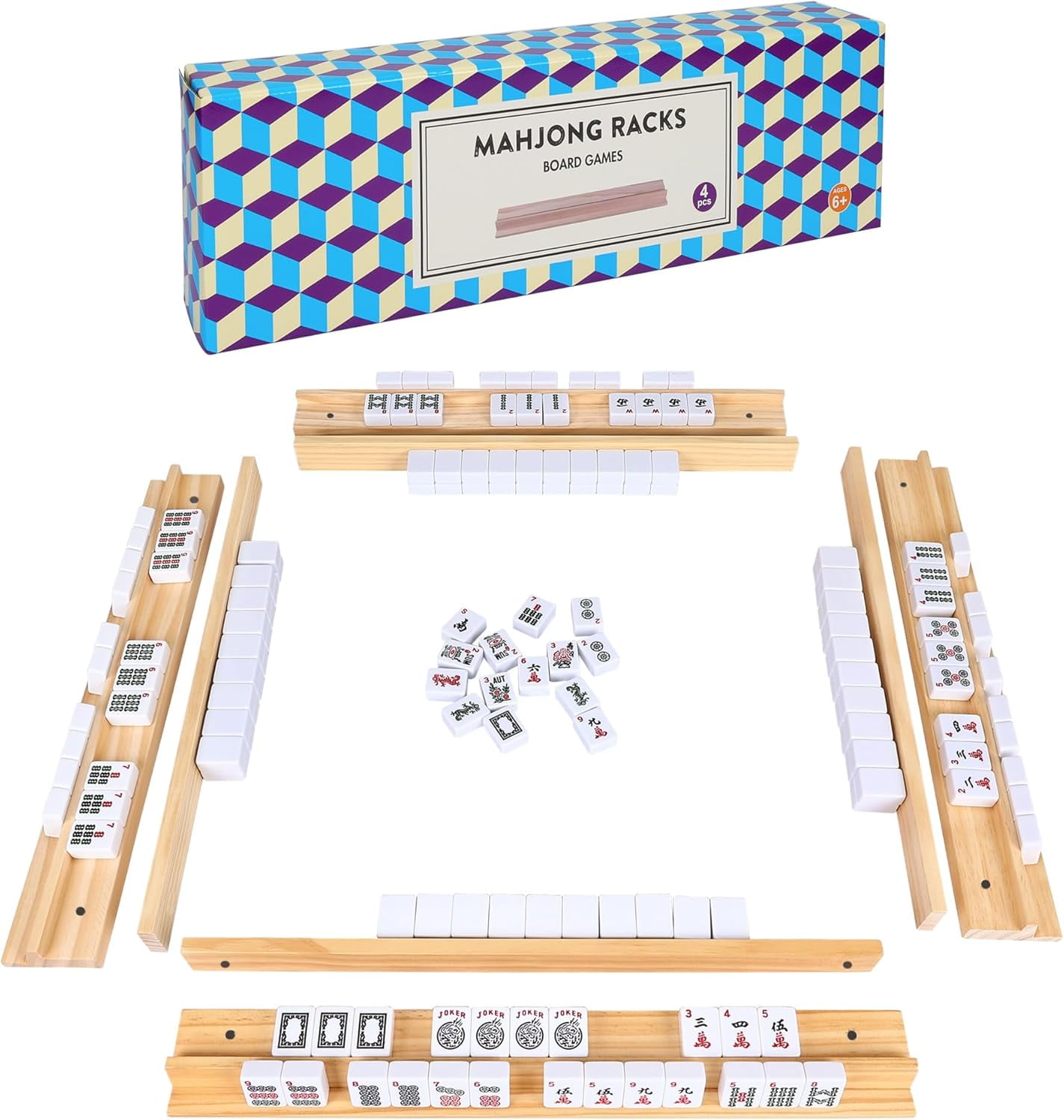 Fugocen 4PCS Mahjong Racks with Pushers, Wooden Majiang Tile Racks ...