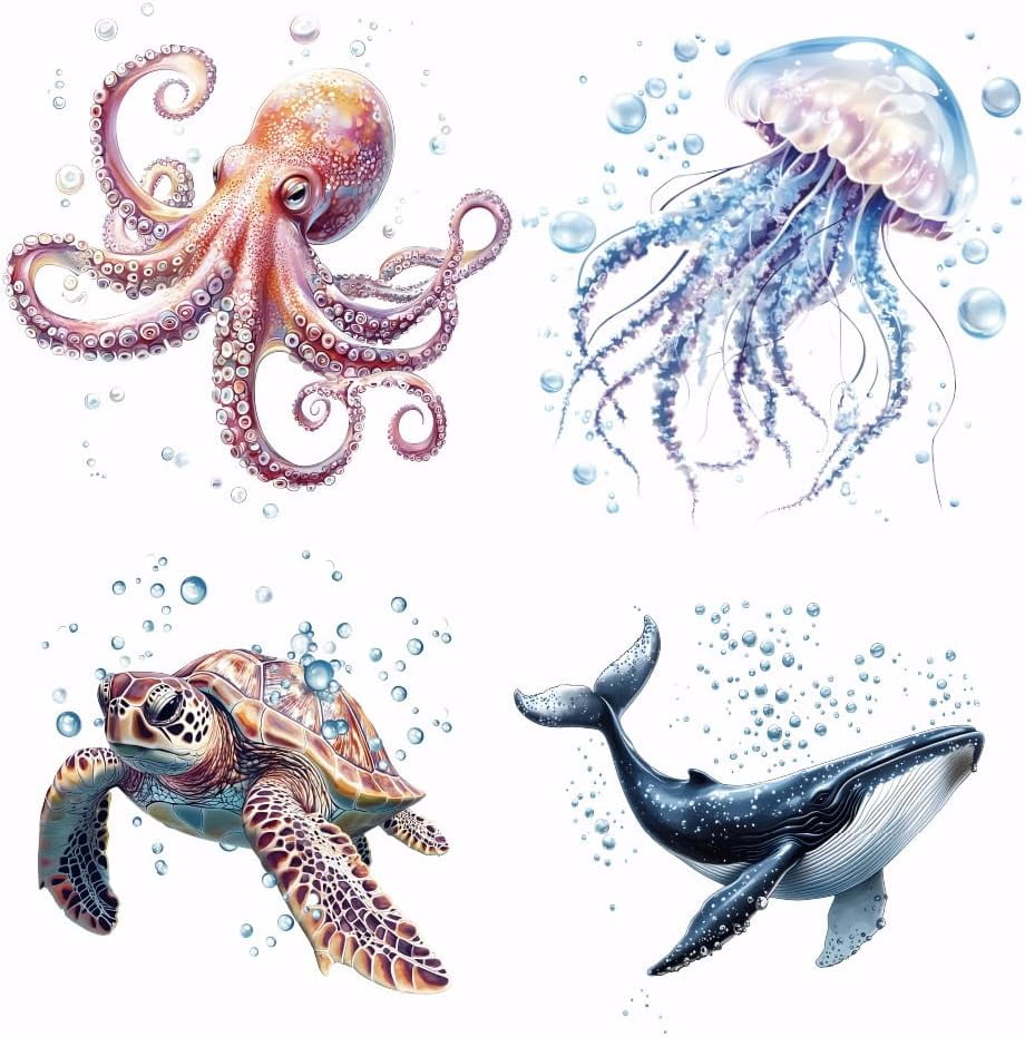 4PCS Marine Animals Iron on Transfer Paper Octopus Turtle Jellyfish ...