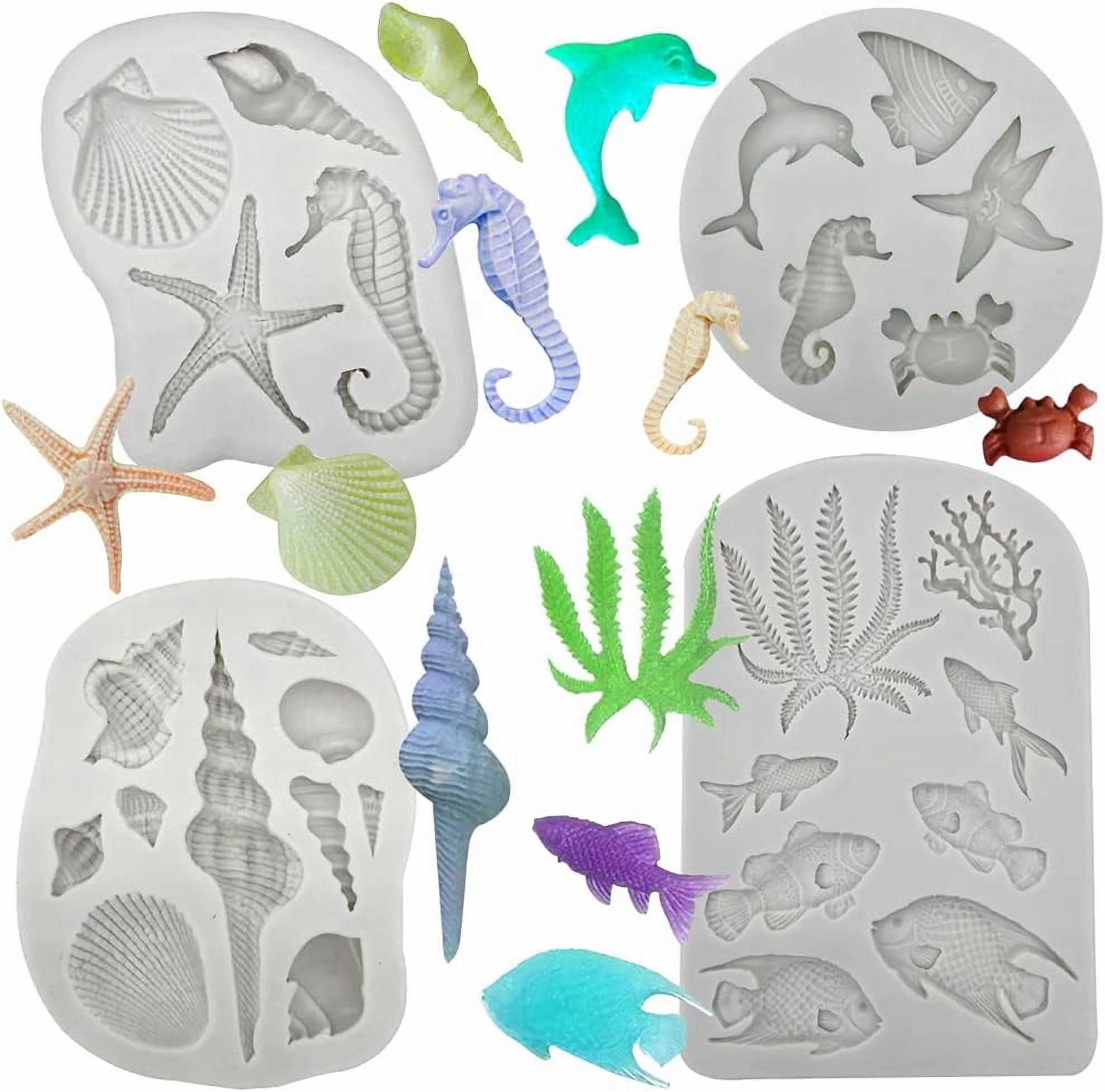 4PCS Marine Theme Fondant Silicone Mold Seaweed Sea Fish Crab Coral ...