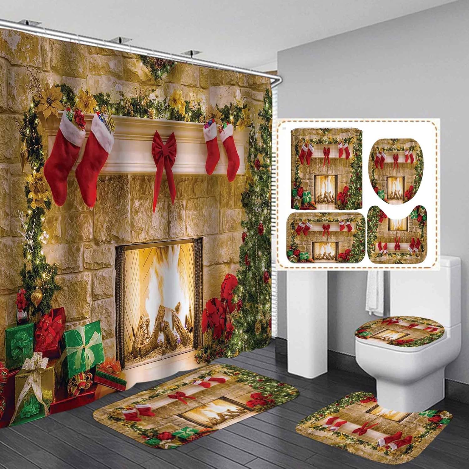 4PCS Merry Christmas Shower Curtain Set, Santa Claus Xmas Balls Black ...