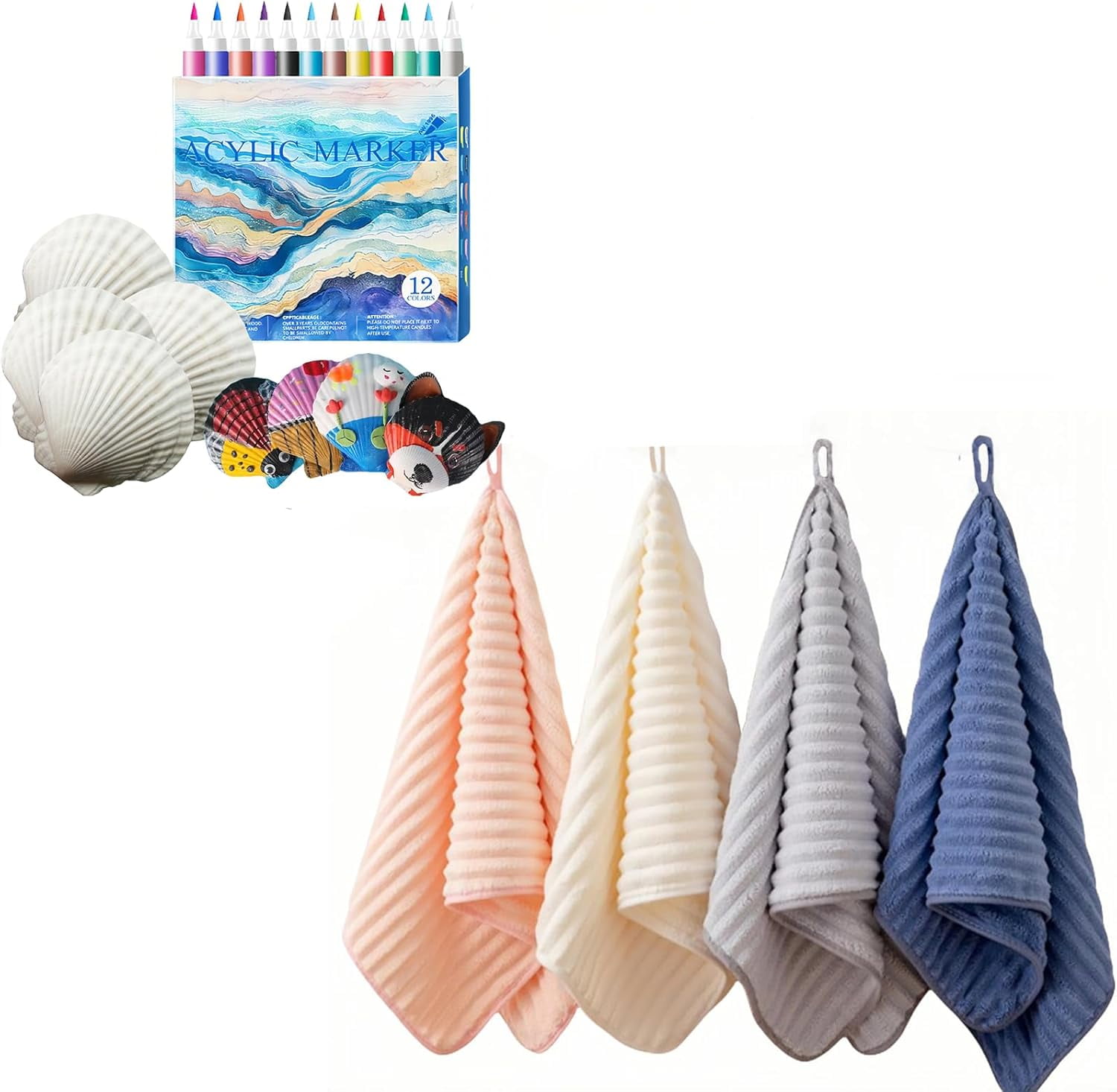 4PCS Microfiber Hand Towels for Bathroom with 10 PCS Scallop Shells for ...