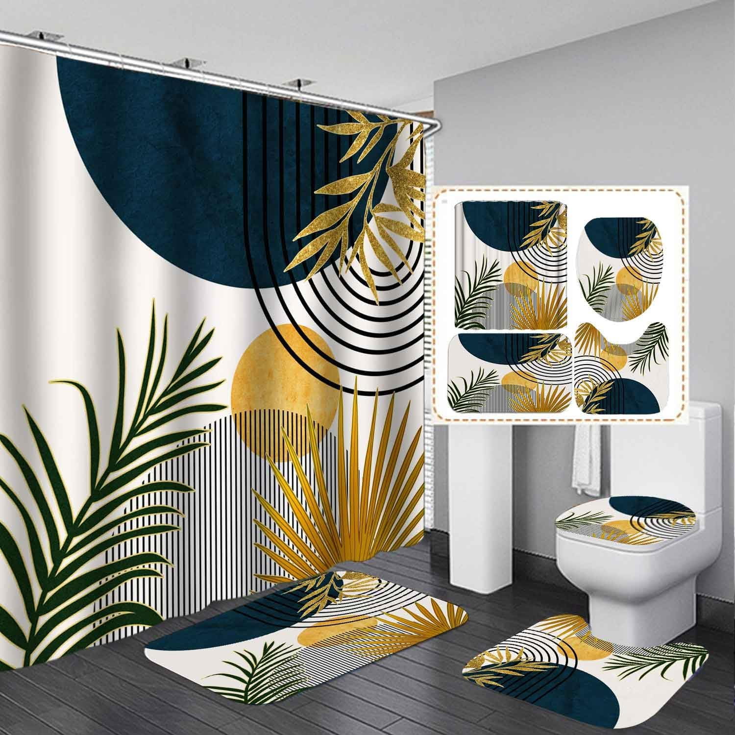 4PCS Mid Century Shower Curtain Set, Green Gold Leaves Abstract Arch Sun Minimalist Modern ...