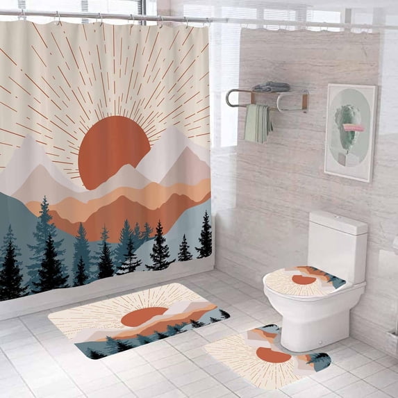 4PCS Mid Century Shower Curtain Sets with Rugs, Minimalist Shower ...