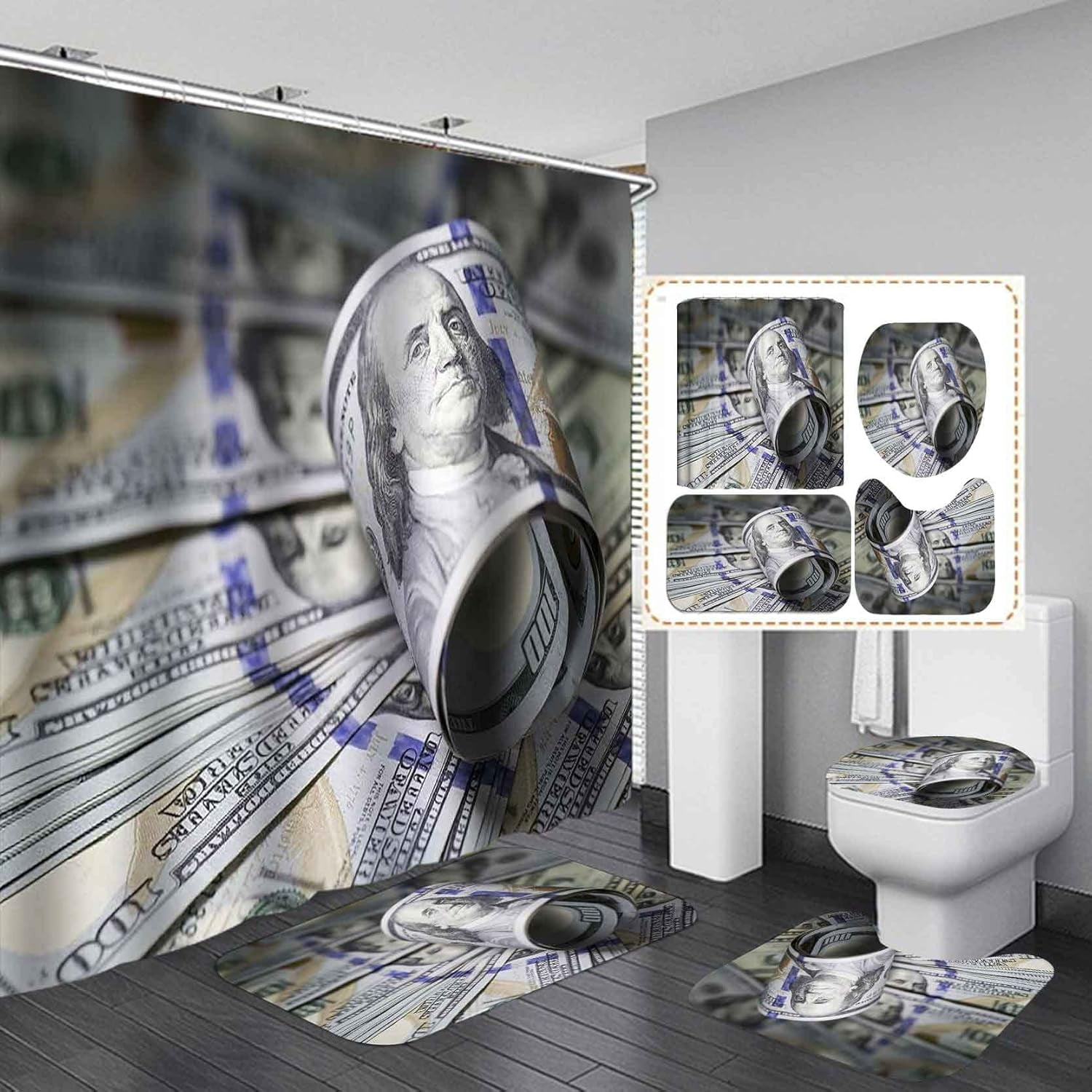 4PCS Money Shower Curtain Set, 100 Dollar Bills Cash One Hundred Dollar Bill Luxury Cool Funny ...