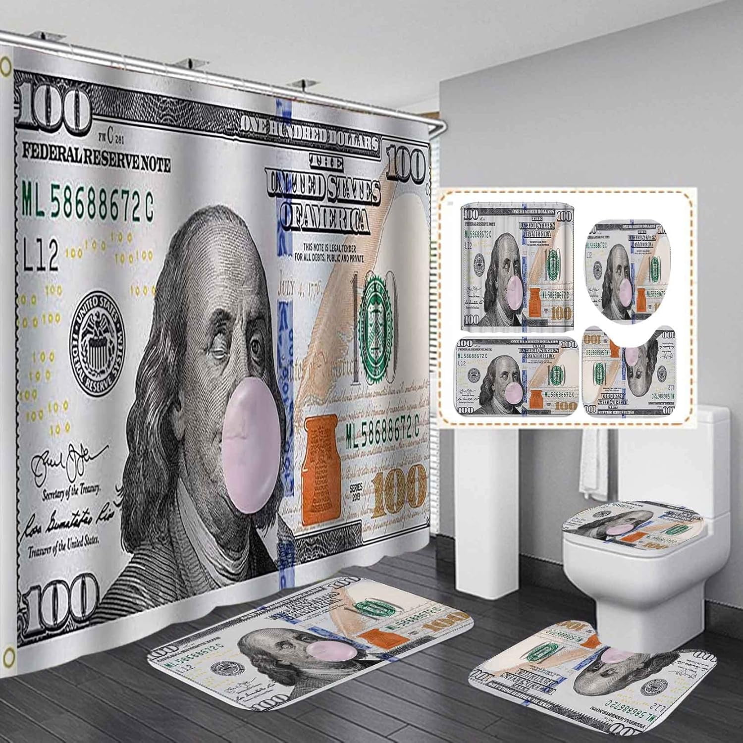 4PCS Money Shower Curtain Set, Hundred Dollar Bill Cash USA 100 Dollar ...