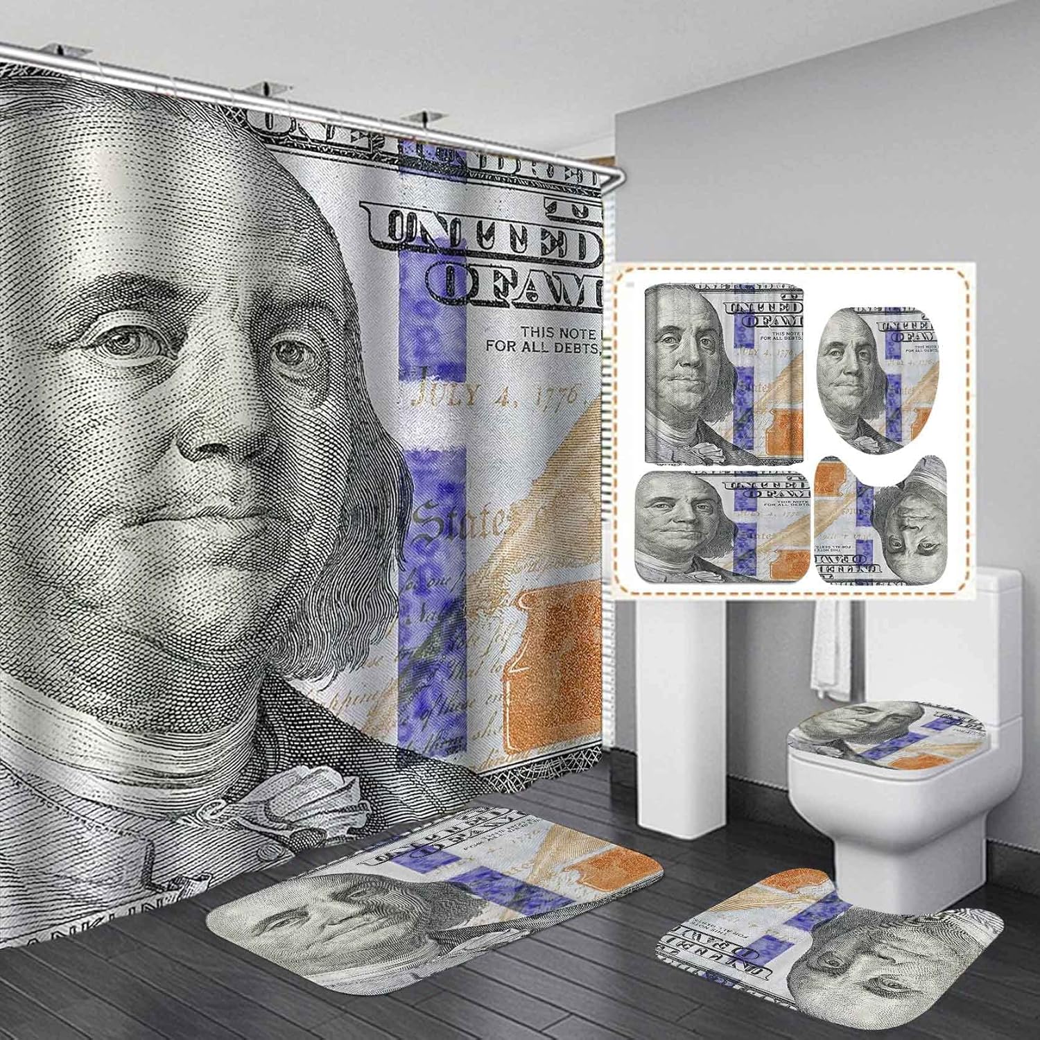 4PCS Money Shower Curtain Set, Hundred Dollar Bill Cash USA 100 Dollar ...