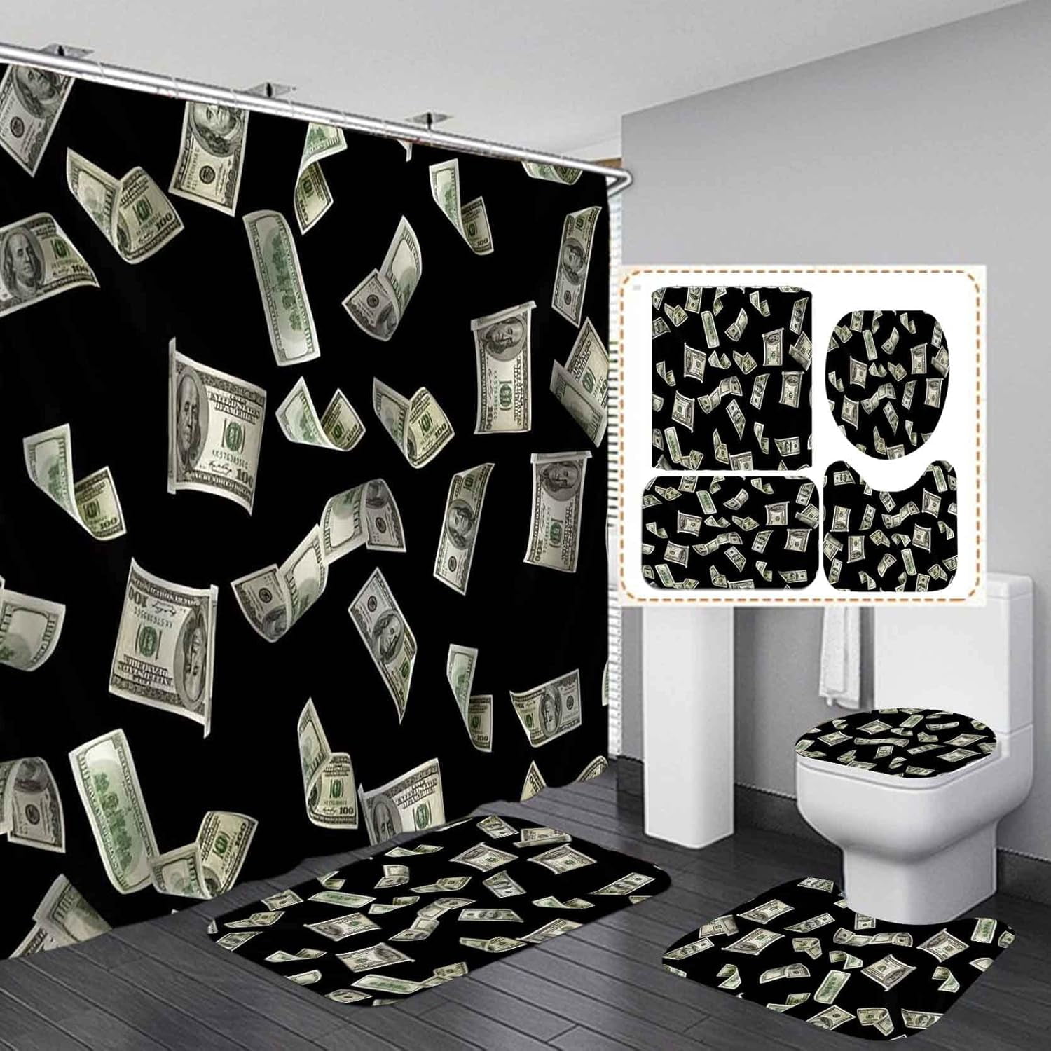 4PCS Money Shower Curtain Set, Hundred Dollar Bill Cash USA 100 Dollar ...