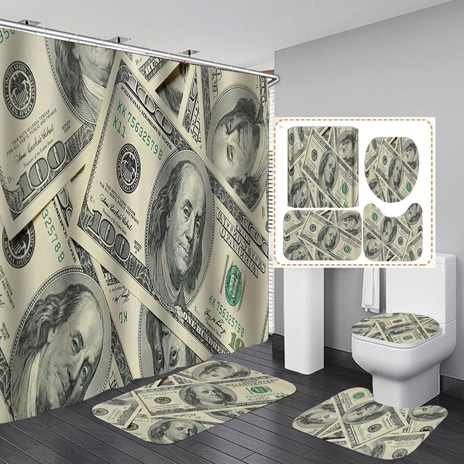 4PCS Money Shower Curtain Set, Hundred Dollar Bill Cash USA 100 Dollar ...