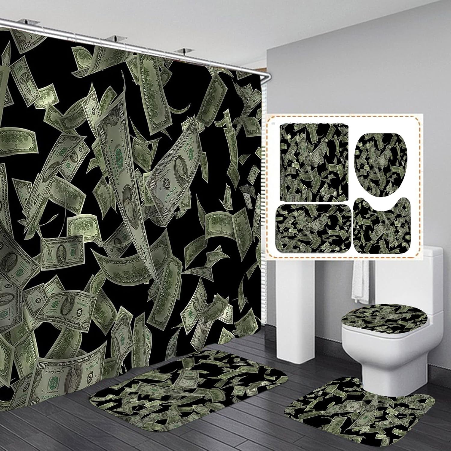 4PCS Money Shower Curtain Set, Hundred US Dollar Bills Cash Banknote ...