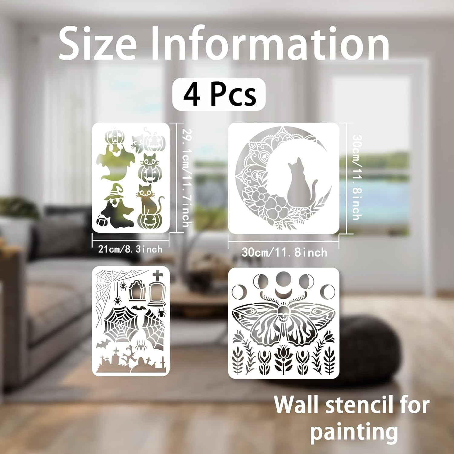 4PCS Moon Cat Stencils for Painting Ghost Tomb Reusable Stencils Moth ...