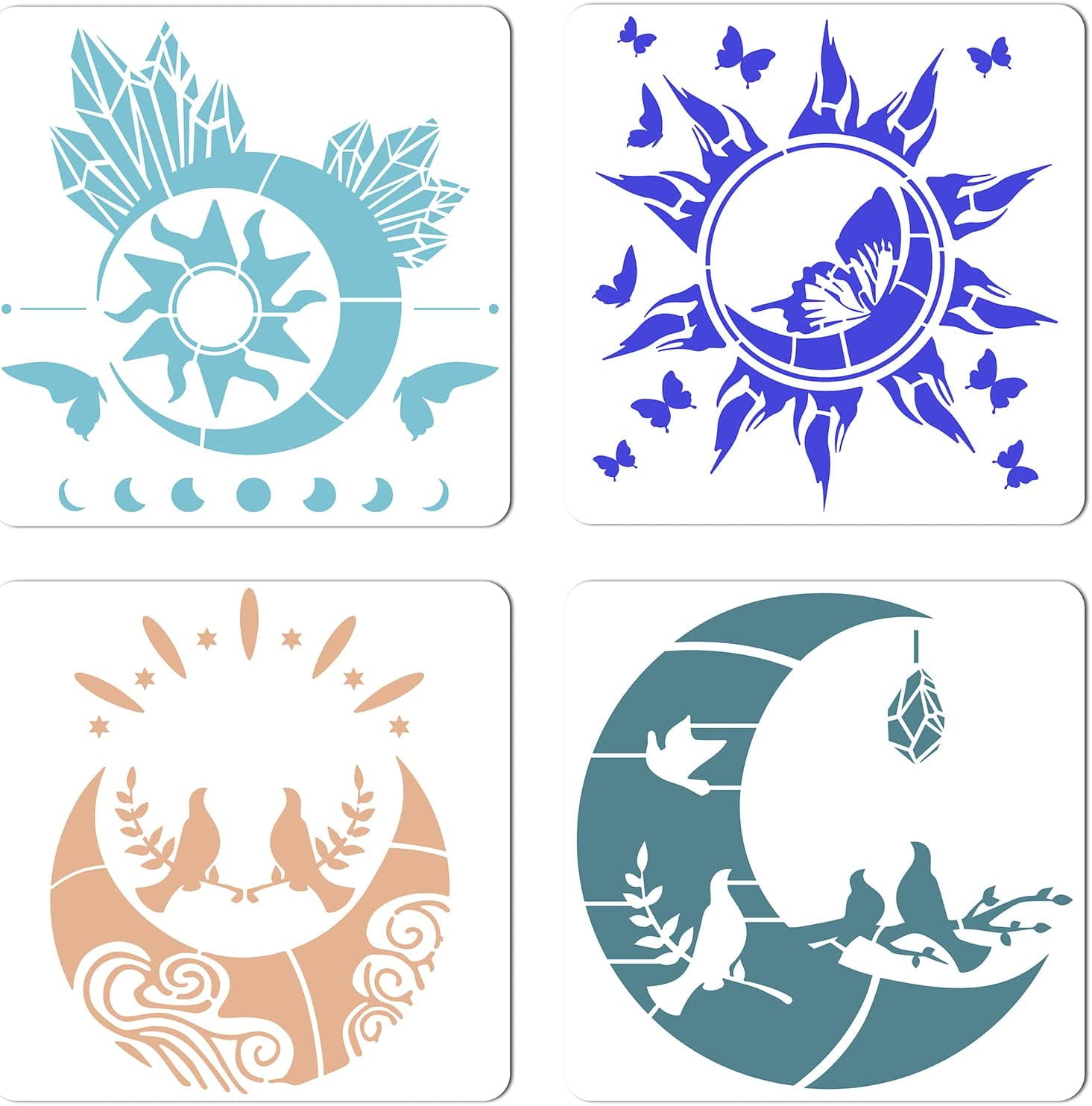 4PCS Moon Sun Stencil Flowers Tile Stencils for Painting on Wood 12x12 ...