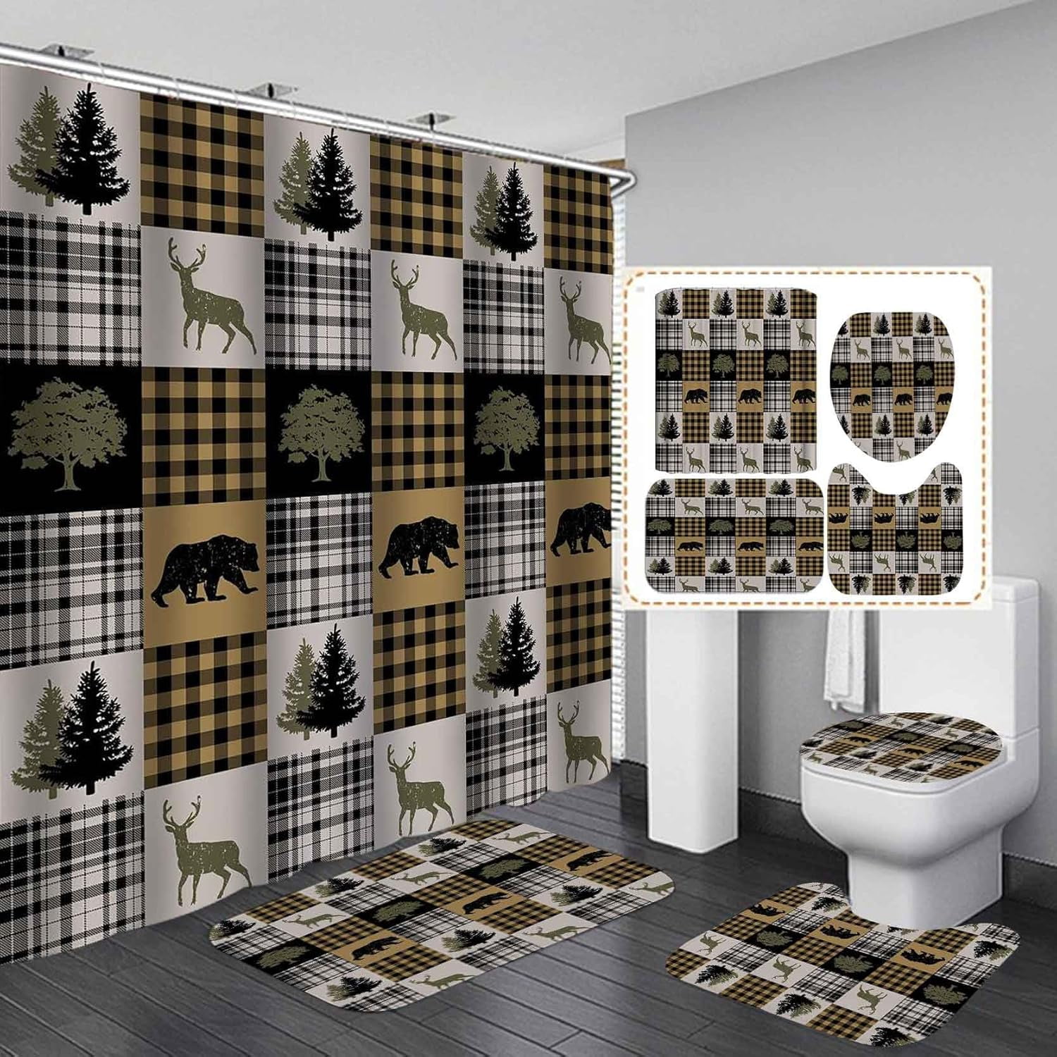 4PCS Moose Shower Curtain Set, Deer Elk Woodland Animal Hunting Lodge ...