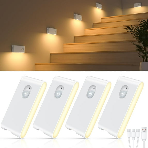 4PCS Motion-Activated Rechargeable Night Lights for Stairs & Hallways ...