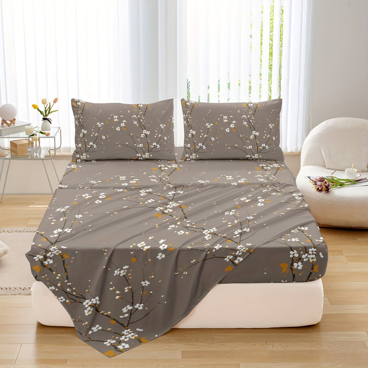4PCS Multi-color Branch Blooming Plum Blossom Printed Bed Sheet Set ,1 ...