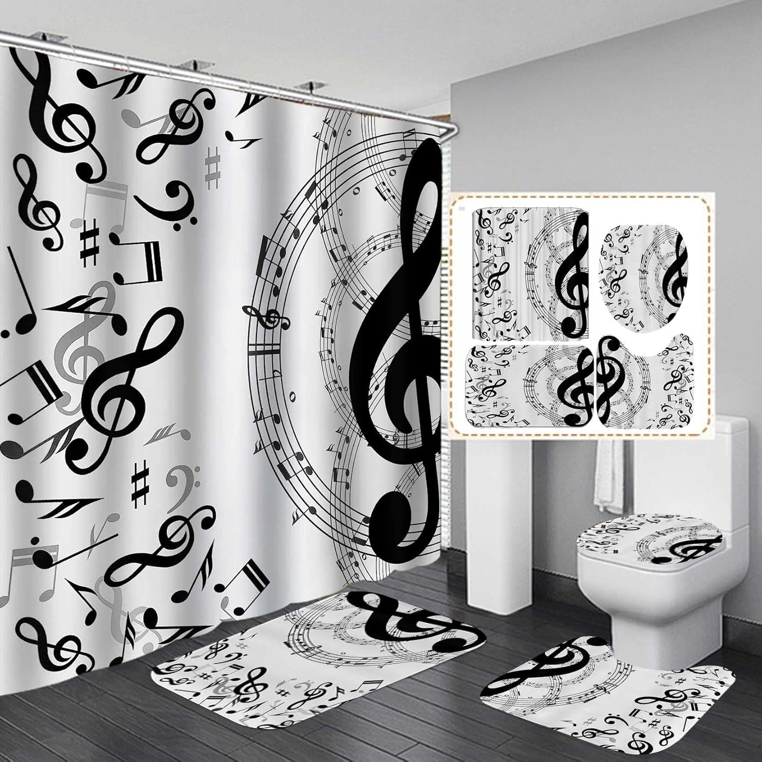 4PCS Music Shower Curtain Set, Luxury Black and Gold Musical Notes ...