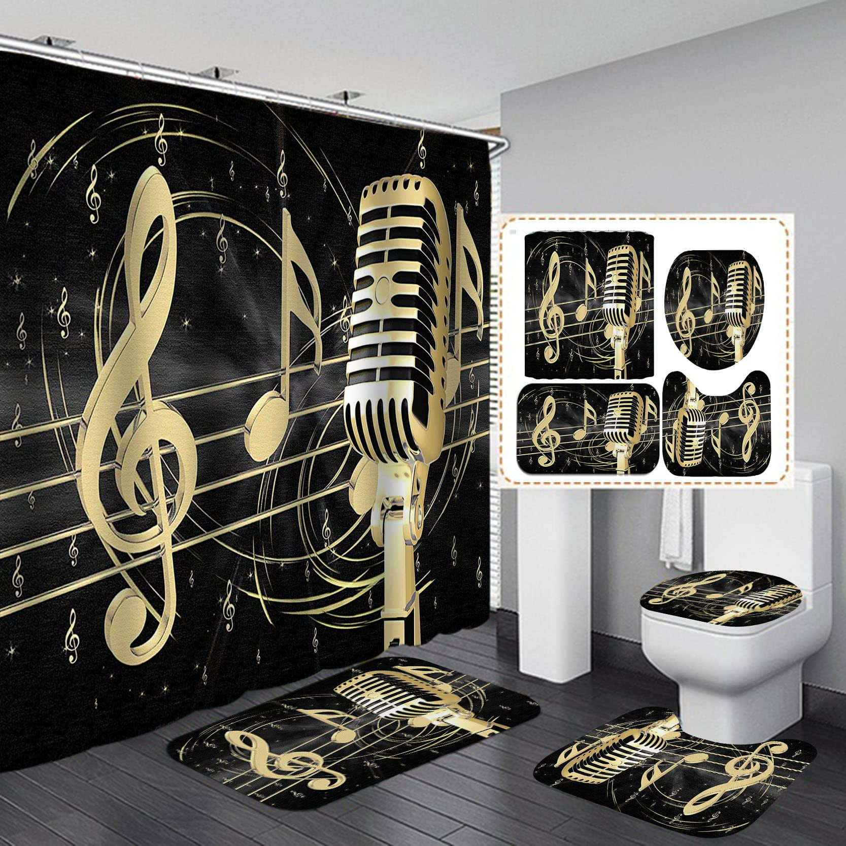 4PCS Music Shower Curtain Set Musical Notes Luxury Bathroom Decor Gold ...