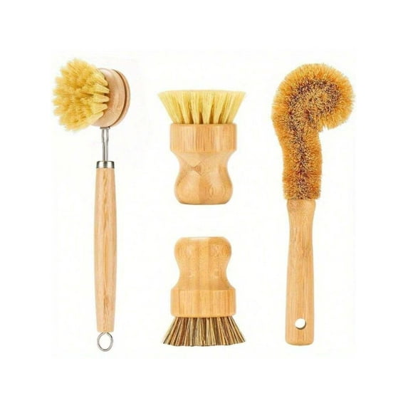 4PCS Natural Bristle Kitchen Cleaning Brush Set - Bamboo Handle ...