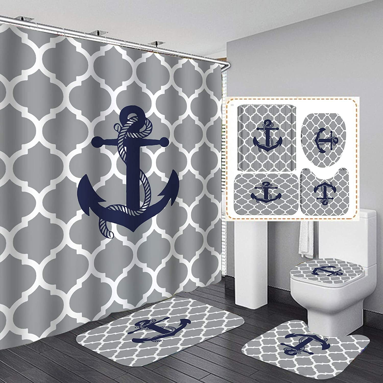 4PCS Nautical Anchor Shower Curtain with Rugs Modern Geometric Grey ...