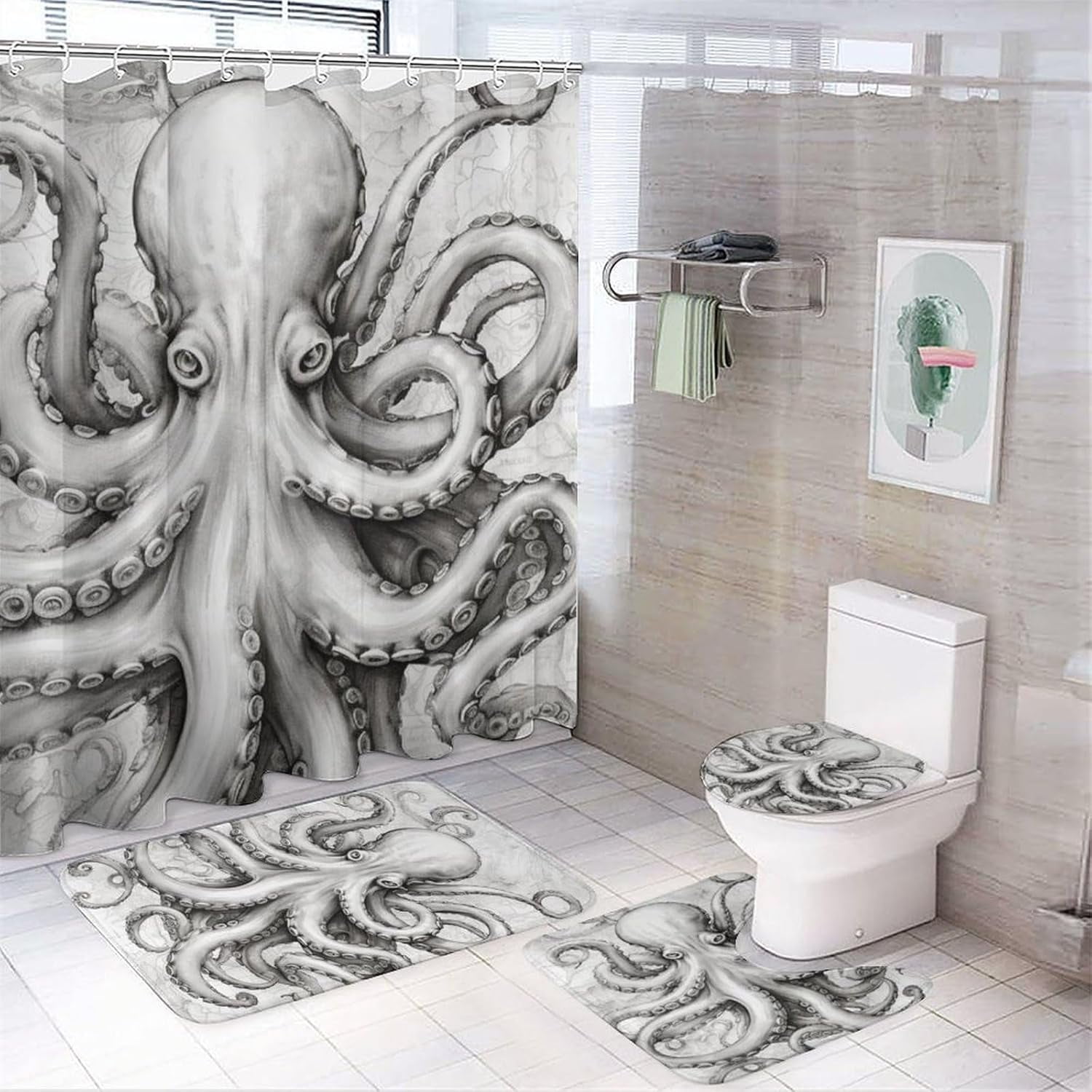 4PCS Nautical Octopus Shower Curtain Set Abstract Map Vintage Octopus ...