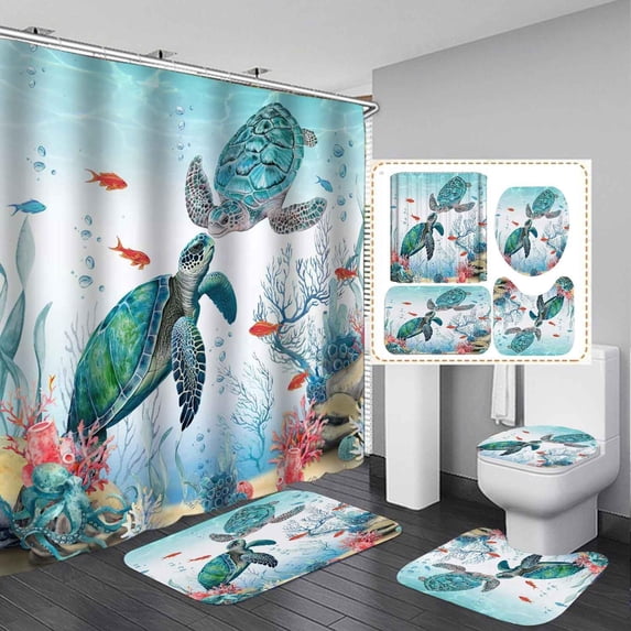 4PCS Navy Blue Grey Sea Urchin Shower Curtain Set, Waterproof Fabric ...