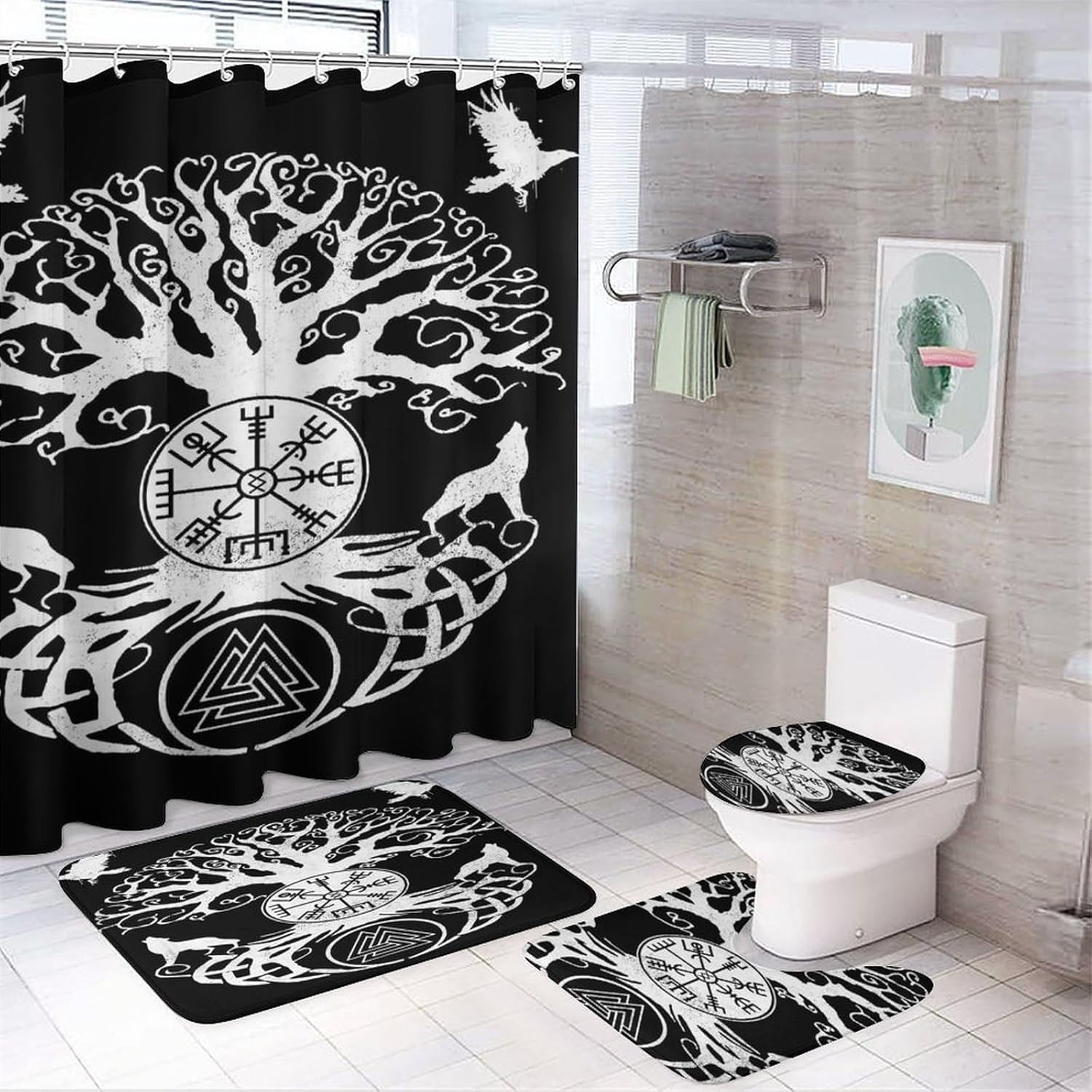 4PCS Norse Viking Shower Curtain Set, Celtic Pagan Bathroom Art Decor ...