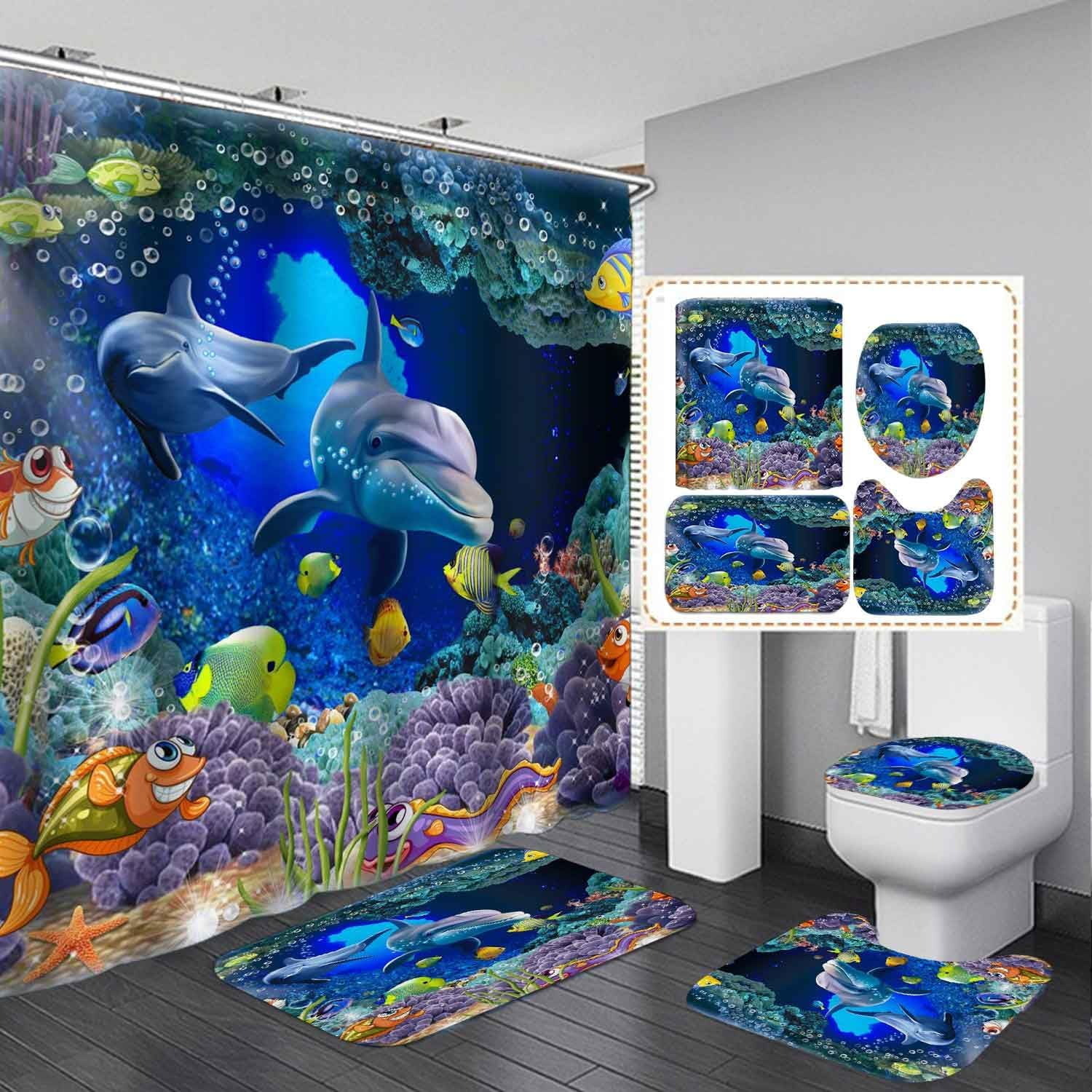 4pcs Ocean Dolphin Shower Curtain Set Waterproof Fabric Blue Shower