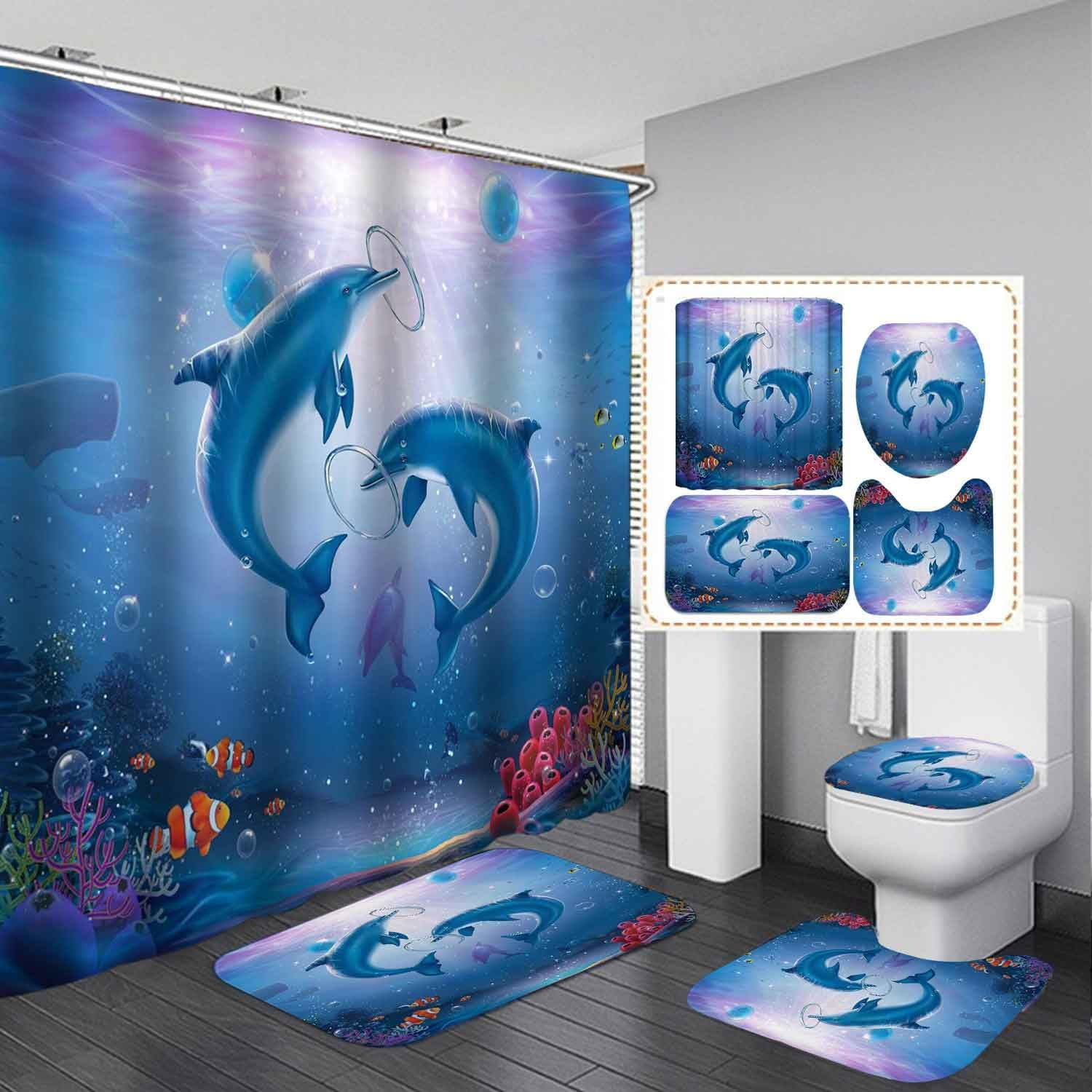 4PCS Ocean Dolphin Shower Curtain Set, Waterproof Fabric Blue Shower ...