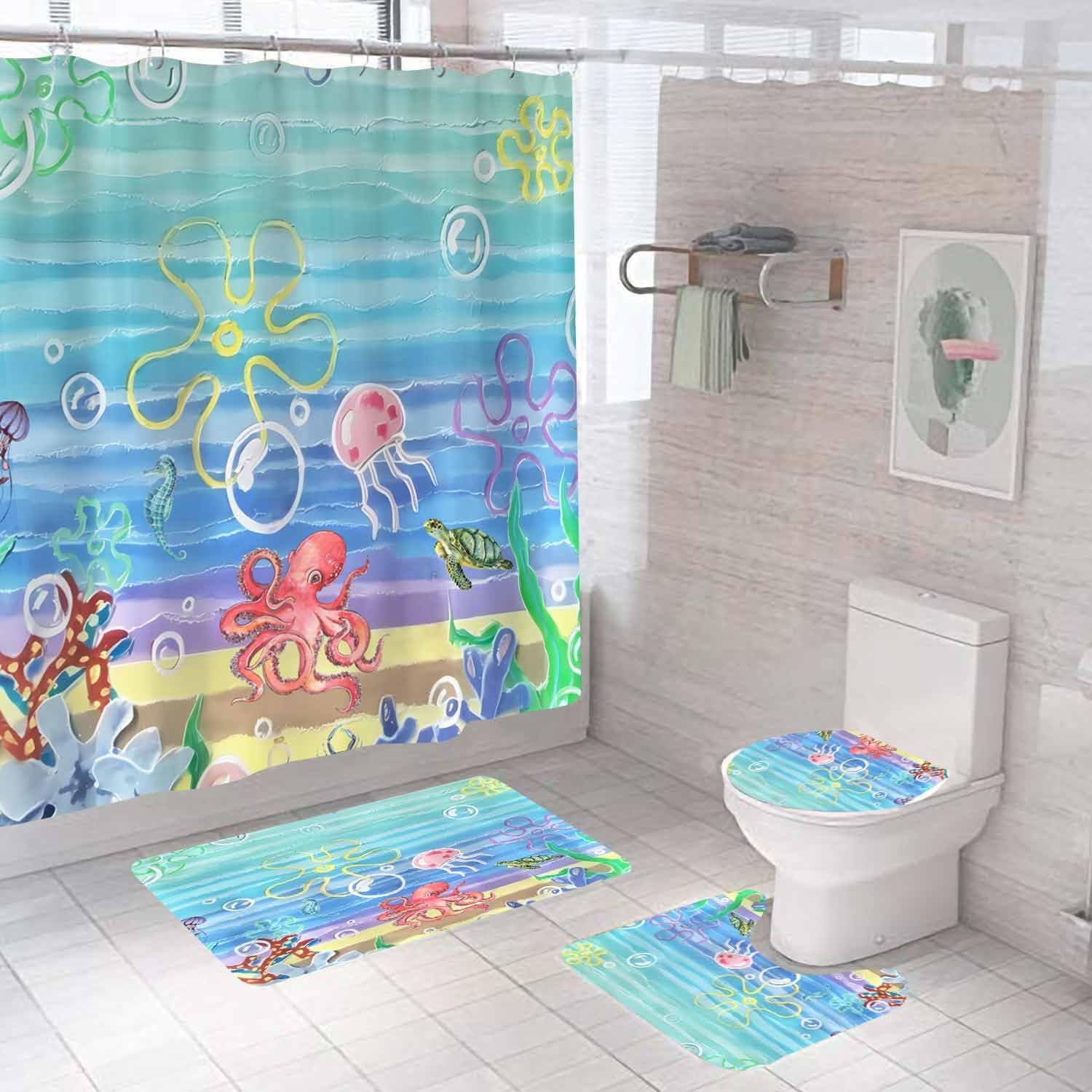 4PCS Oil Painting Ocean Shower Curtain Sets with Rugs, Blue Ombre ...