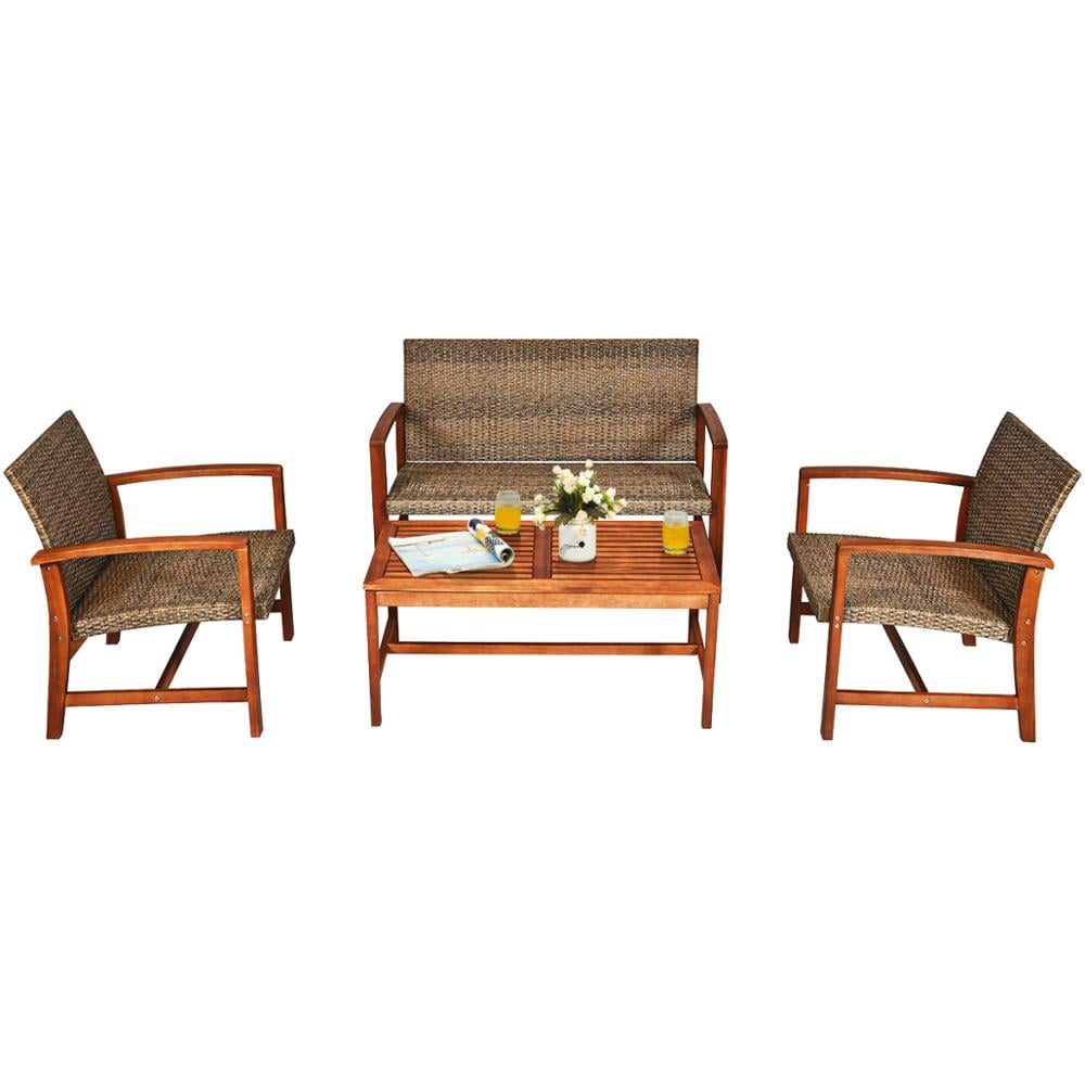 4PCS Outdoor Patio Rattan Furniture Set Acacia Wood Frame Sofa Loveseat ...