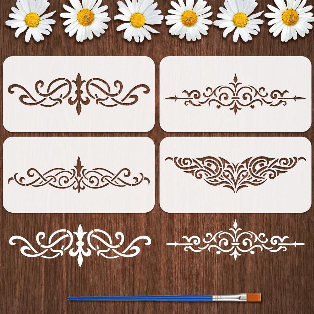 4PCS Patterned Border Painting Stencils with 1Pc Plastic Paint Brush 11 ...