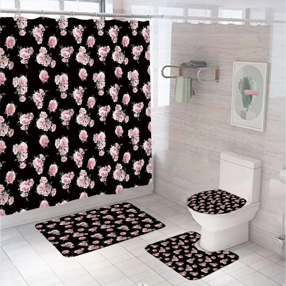 4pcs Pink Rose Floral Fabric Shower Curtain Set Green Leaves Plant