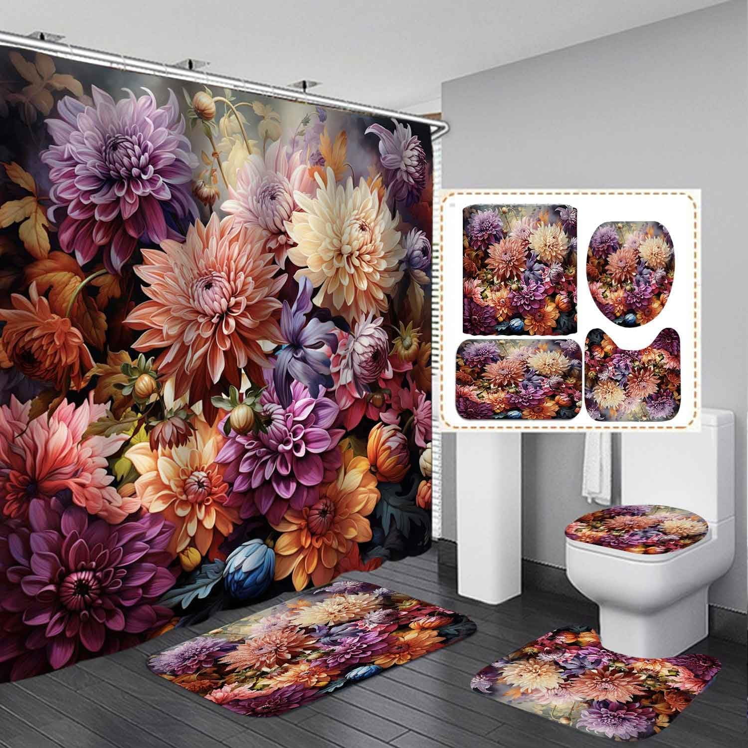 4PCS Pink Rose Peony Floral Shower Curtain Sets with Rugs, Waterproof ...