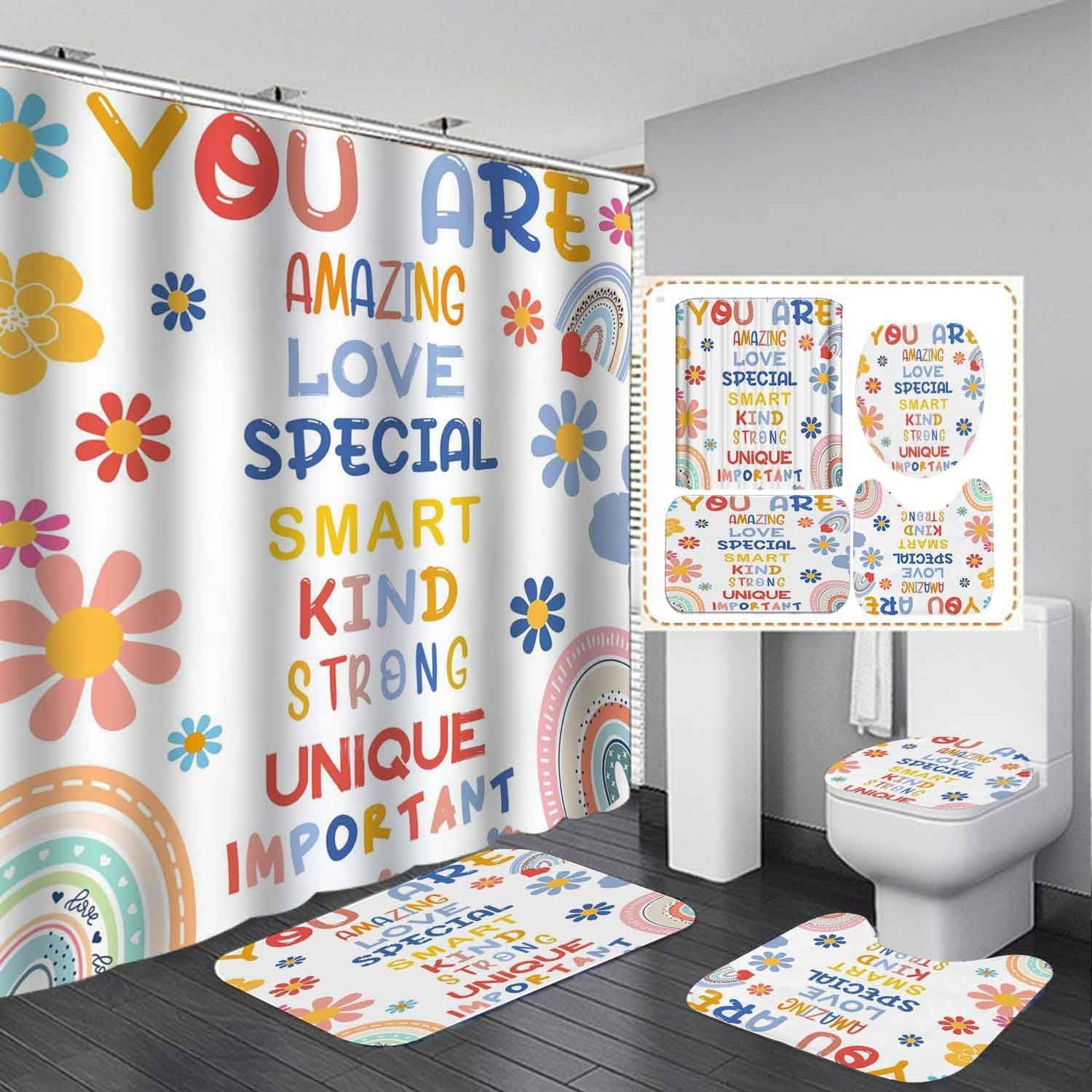 4PCS Plant Inspirational Quotes Shower Curtain Sets with Rugs ...