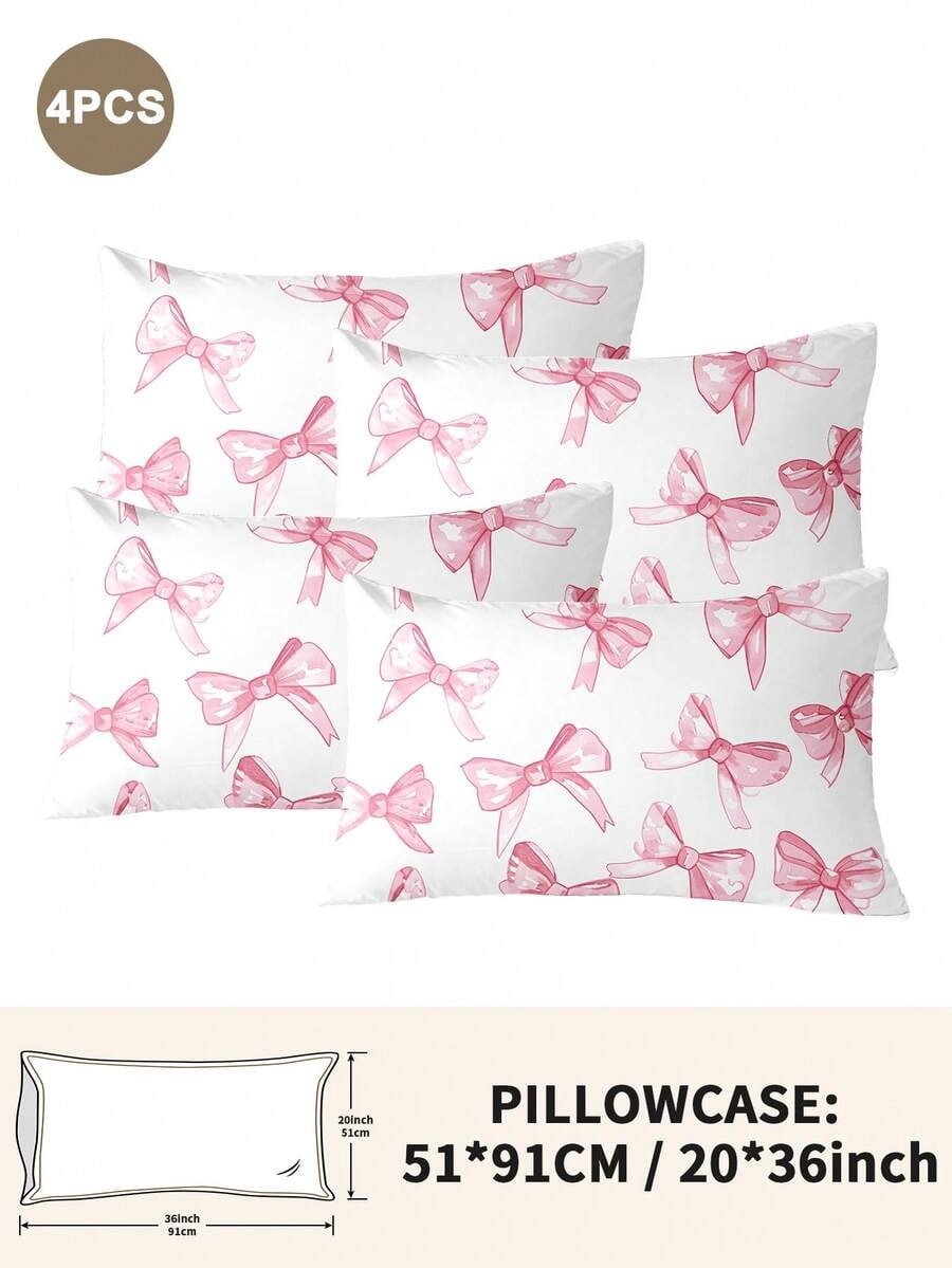 4PCS Polyester White Pillowcase With Pink Bow Print 51x91cm Soft ...