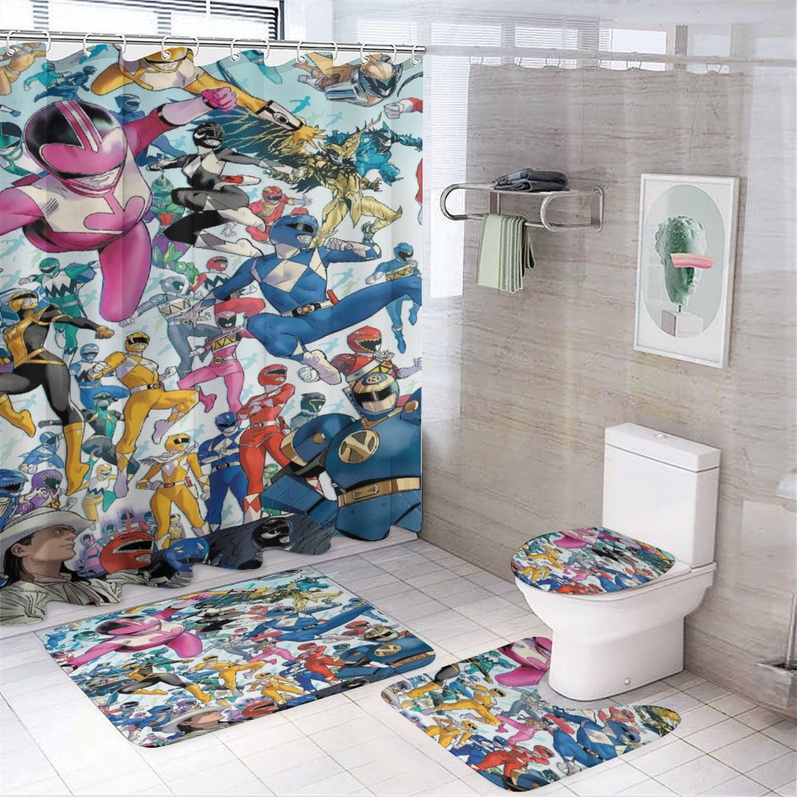 4PCS Power Rangers Shower Curtain Set with Non-Slip Rugs Toilet Lid ...