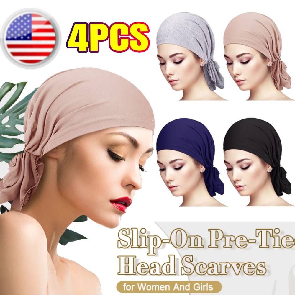 4PCS Pre Tied Chemo Head Scarf for Women - Slip On Bandana Headwrap ...