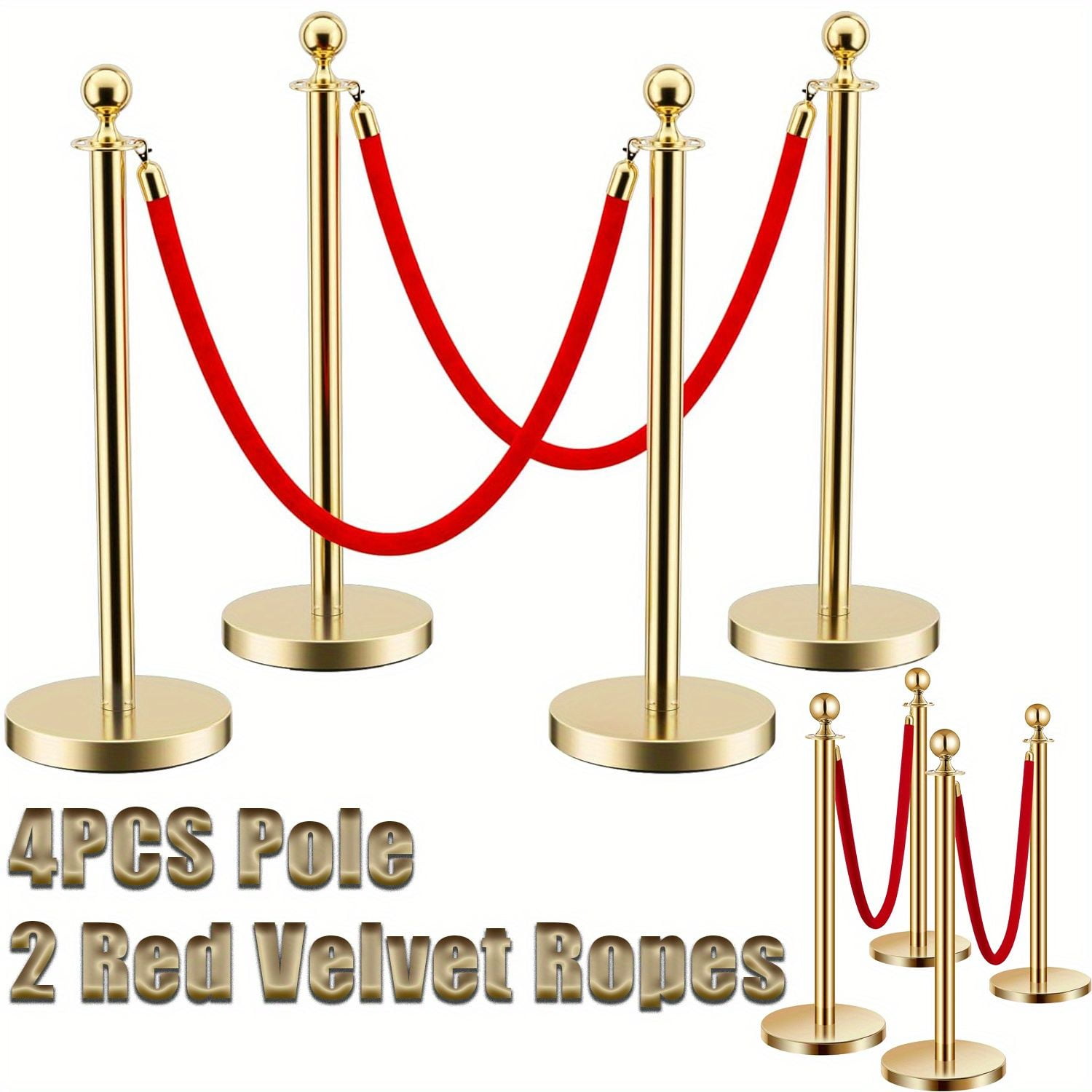 4PCS Premium Stainless Steel Stanchion Posts with 2 Red Ropes - Adjustable Crowd Control ...