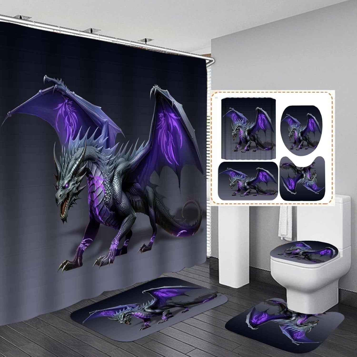 4PCS Purple Dragon Shower Curtain Set, Medieval Mythical Creature ...