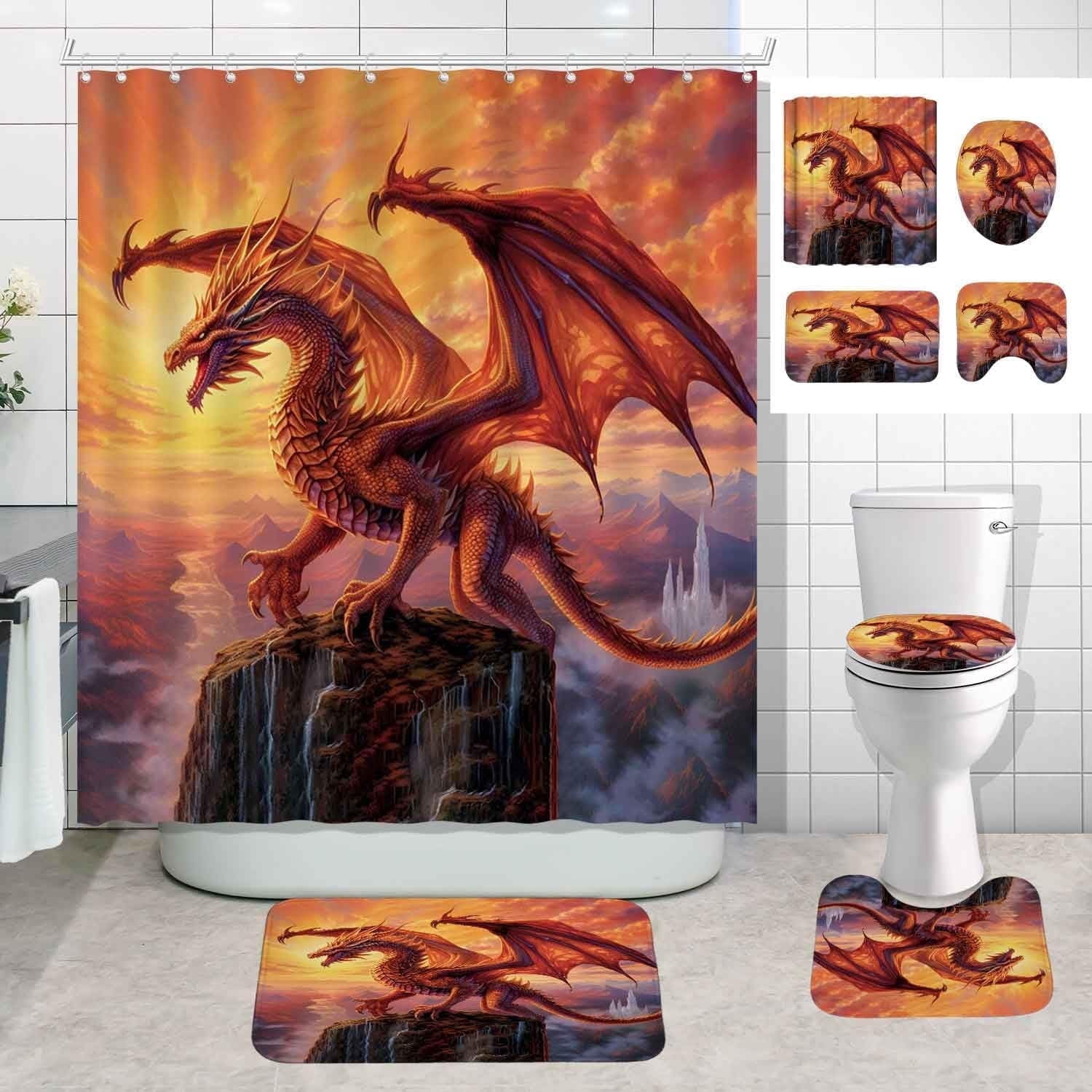 4PCS Purple Dragon Shower Curtain Set, Medieval Mythical Creature ...