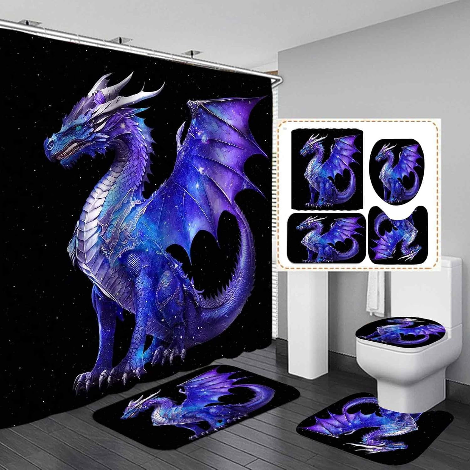 4PCS Purple Dragon Shower Curtain Set, Medieval Mythical Creature ...