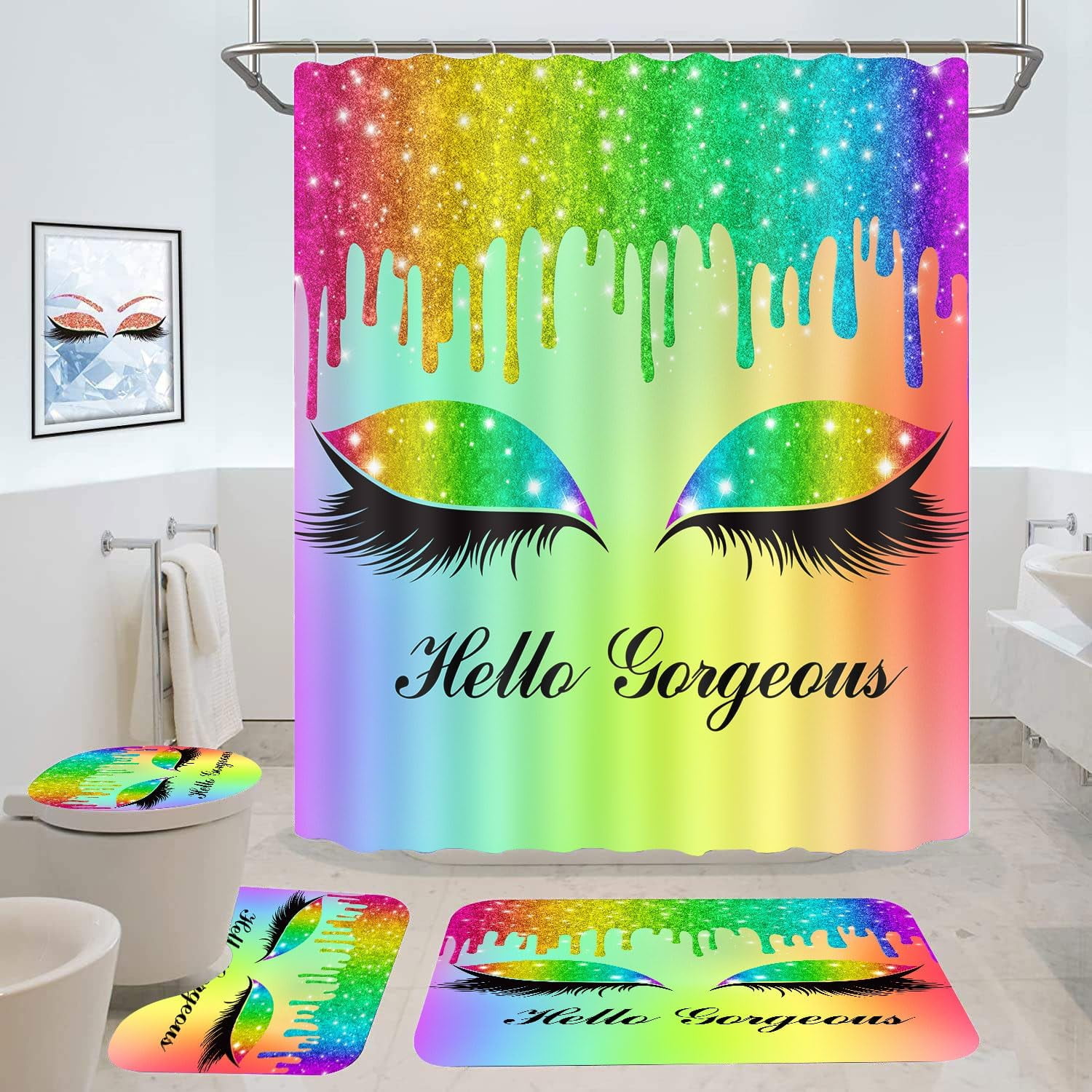 4pcs Rainbow Inspirational Quotes Shower Curtain Set Colorful